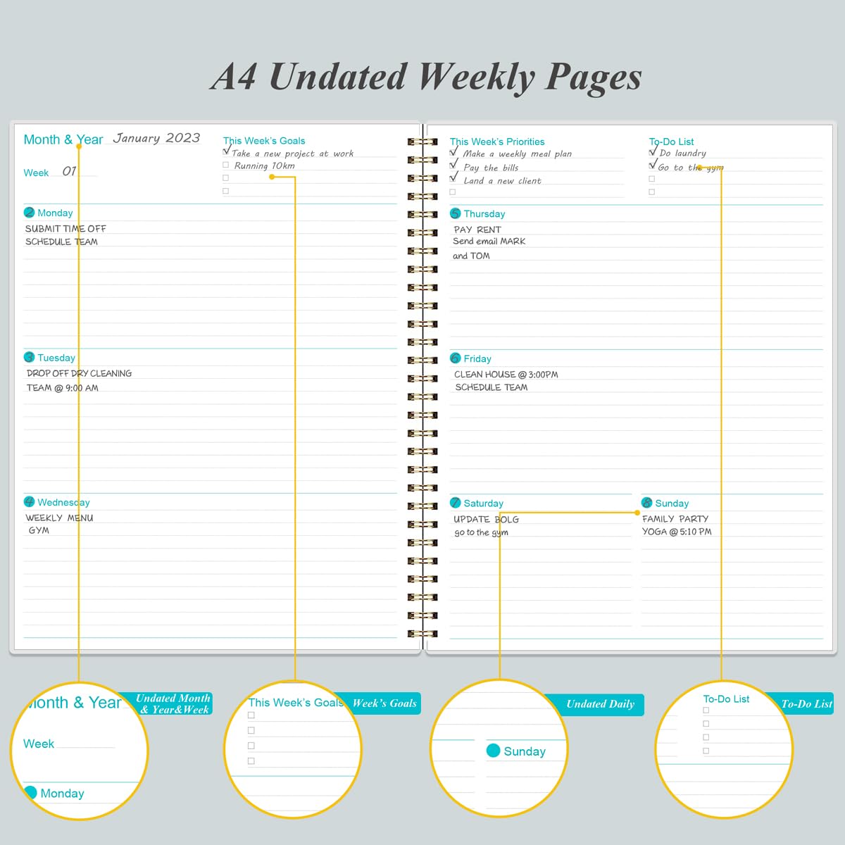 Undated Planner Pro - 8.5" x 11" Weekly & Monthly Planner to Achieve Goals & Increase Productivity, 12 Months Undated Agenda Daily Planner, Start Anytime, Rose Leaf