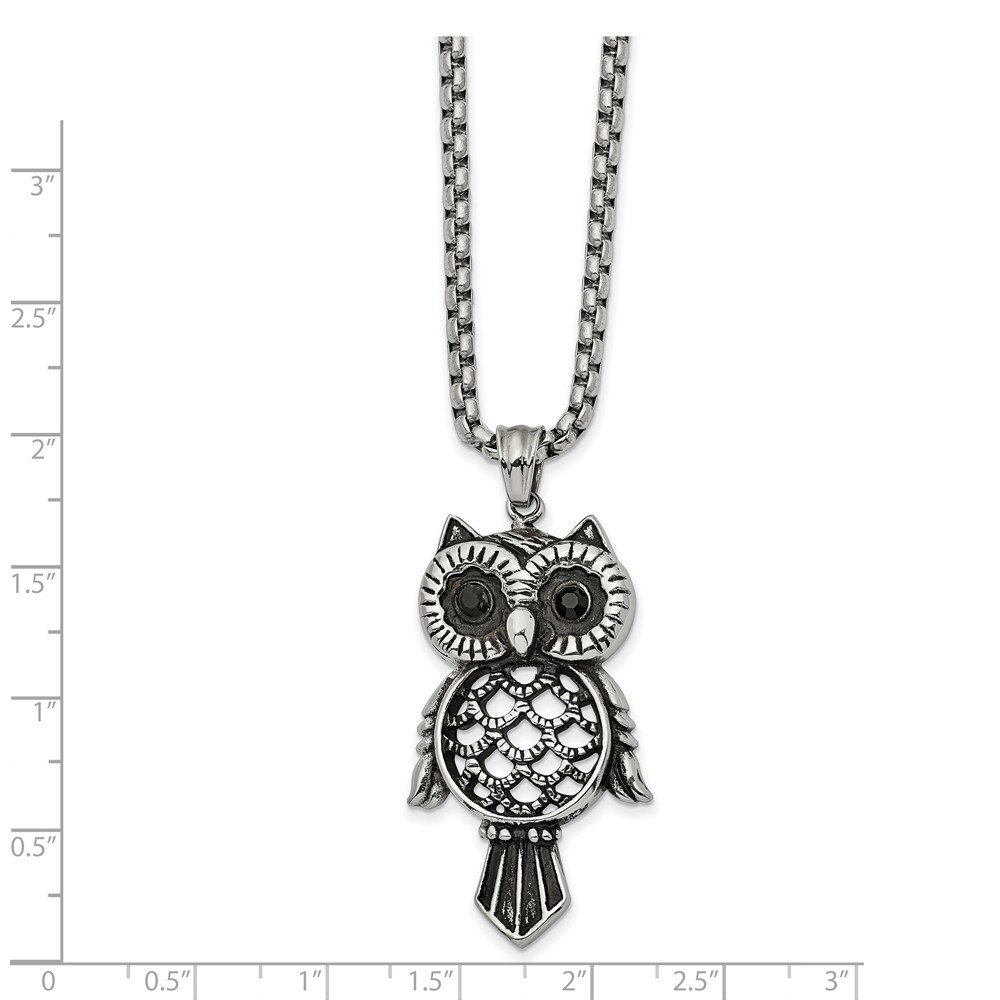 Solid Stainless Steel Vintage Antiqued and Black CZ Cubic Zirconia Owl 24in Pendant Necklace Charm Chain - with Secure Lobster Lock Clasp 24"