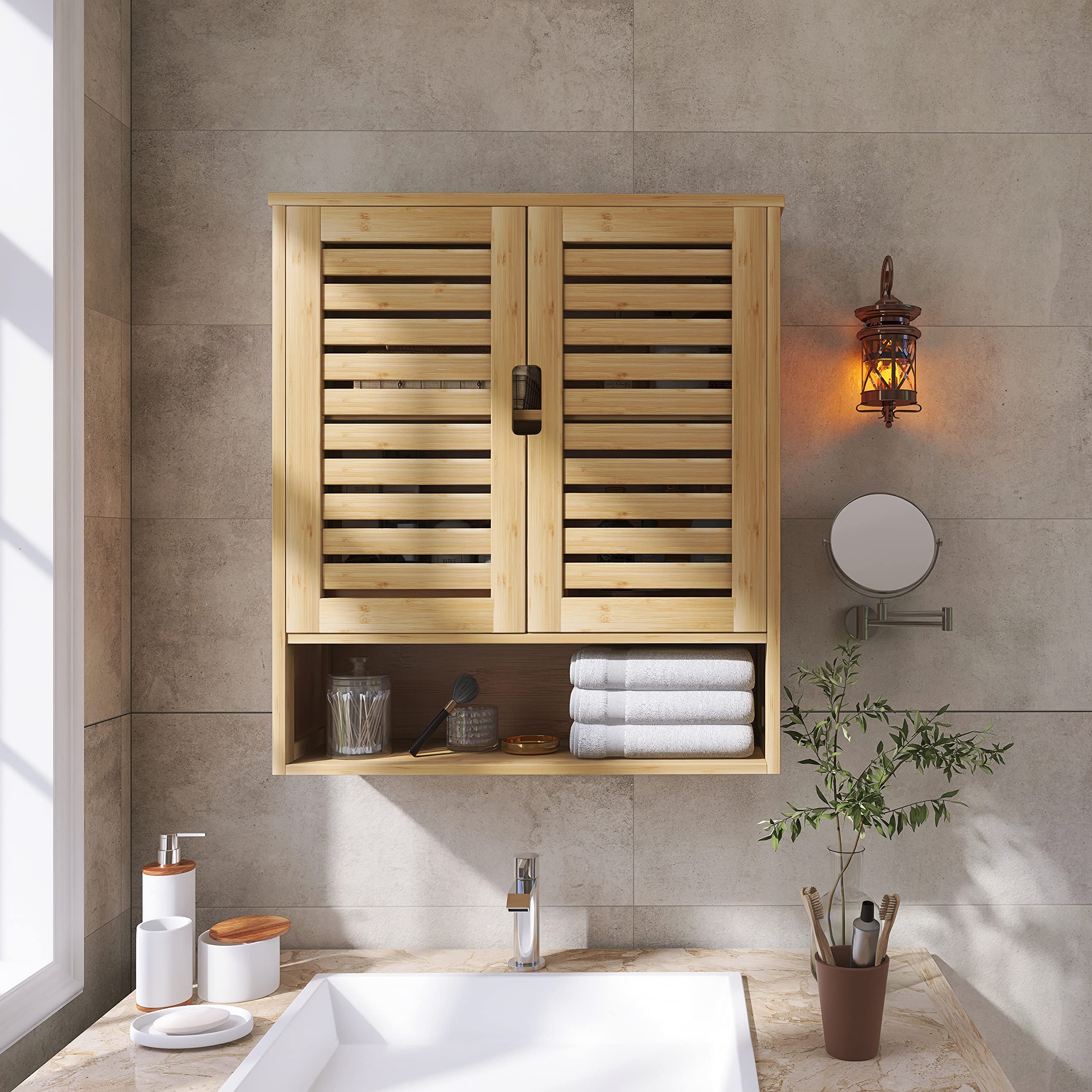 SMIBUY Bathroom Cabinet Wall Mounted, Bamboo Over-The-Toilet Storage Organizer, Space Saver Medicine Cabinet with 2 Door and Adjustable Shelves (Natural)