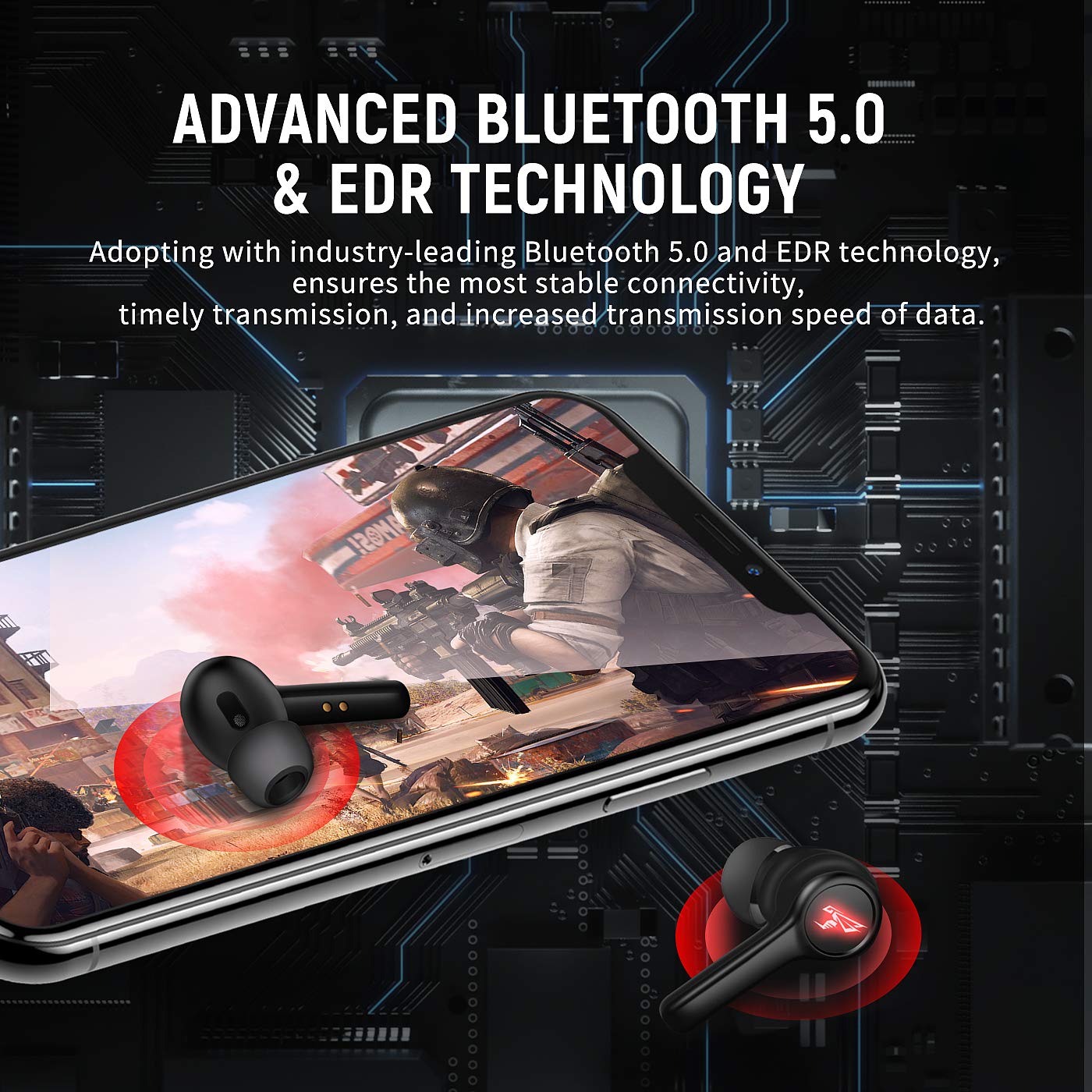 SOMIC Bluetooth 5.0 Wireless Earbuds with Charging Case, LED Light, Touch Control, 18H+ Playing Time, Immersive Sound Wireless Headphones in Ear Built in Mic Headset for Game/Video Mode GX501 Black