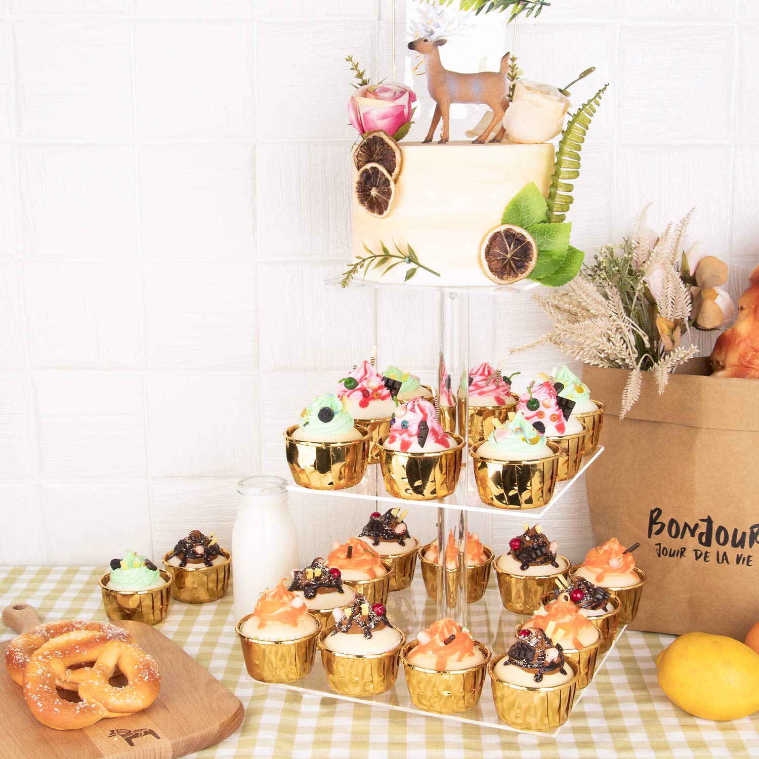 YestBuy 3 Tier Cupcake Stand, Cake Stand, Acrylic Cupcake Tower Stand, Premium Cupcake Holder for 28 Cupcakes, Display for Pastry Wedding Birthday Party (4" Between 2 Layers)