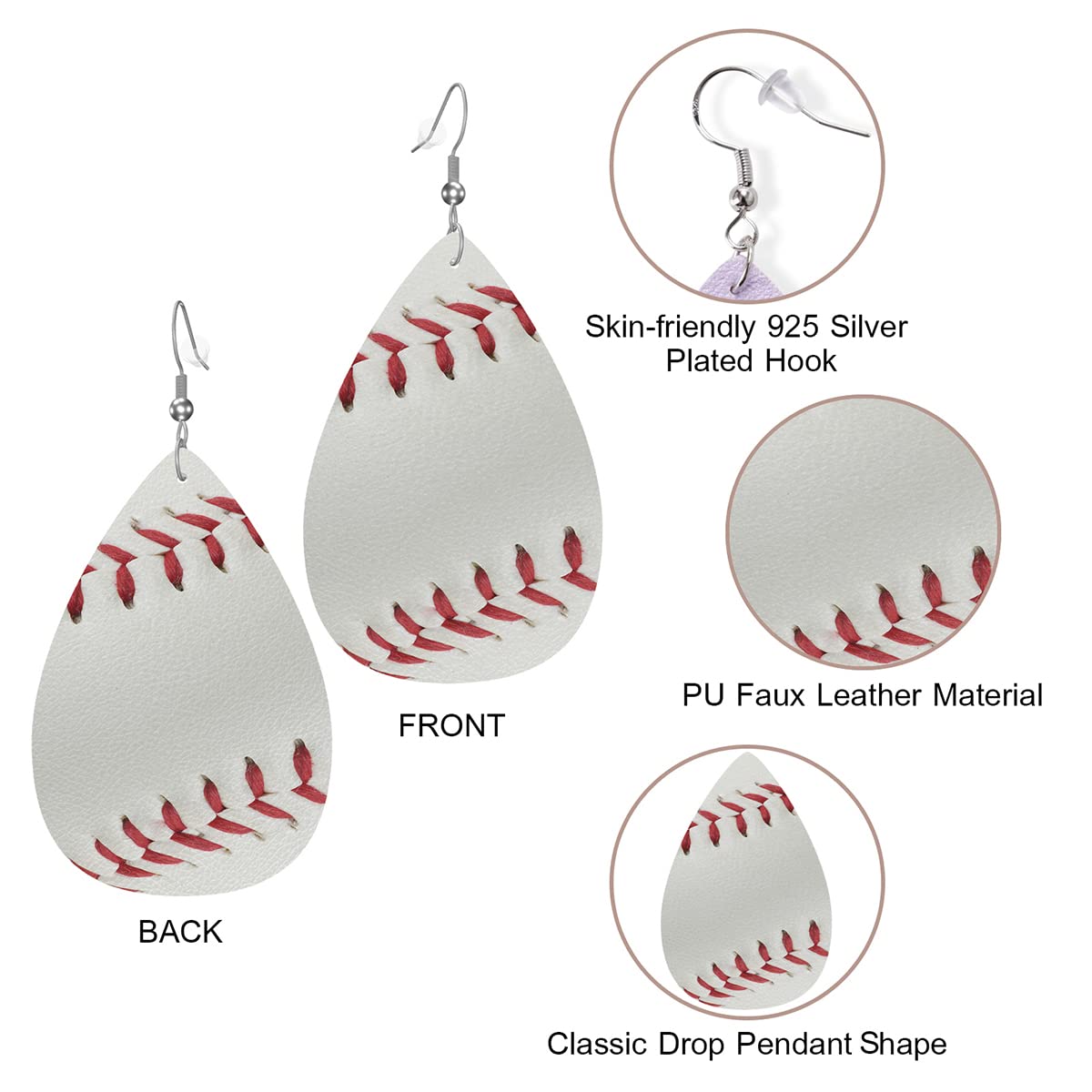 Zokola Baseball Faux Leather Earrings, Abstract Sport Baseball Texture Cute Pendants Earrings Teardrop Dangle Leather Earrings Holiday Earrings Making Supplies