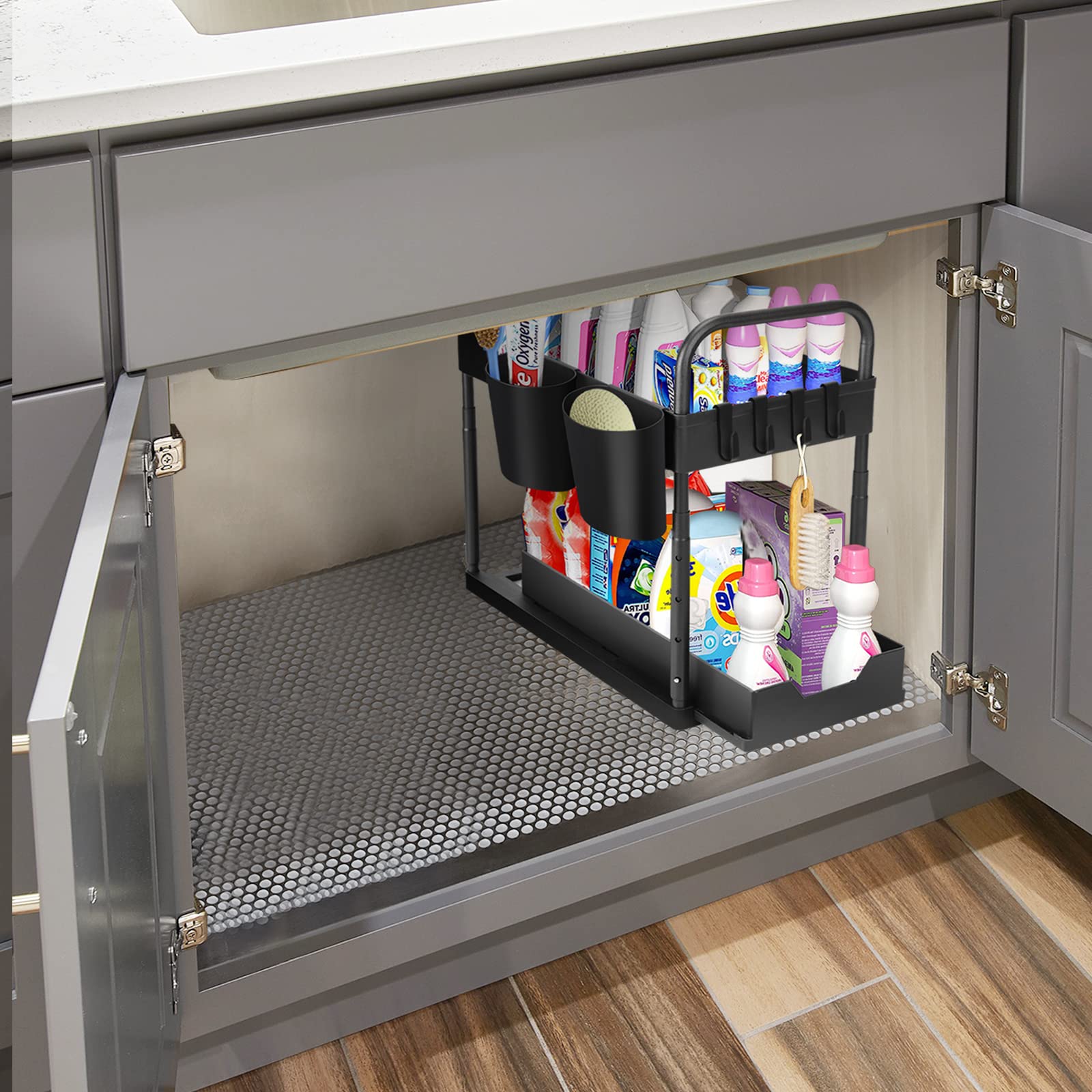 Under Sink Organizers and Storage, Adjustable Height Sliding Under Bathroom Cabinet Storage Organizer, 2 Tier Under Kitchen Sink Organizer with 4 Hooks, 4 Hanging Cup for Bathroom, Kitchen (Black)