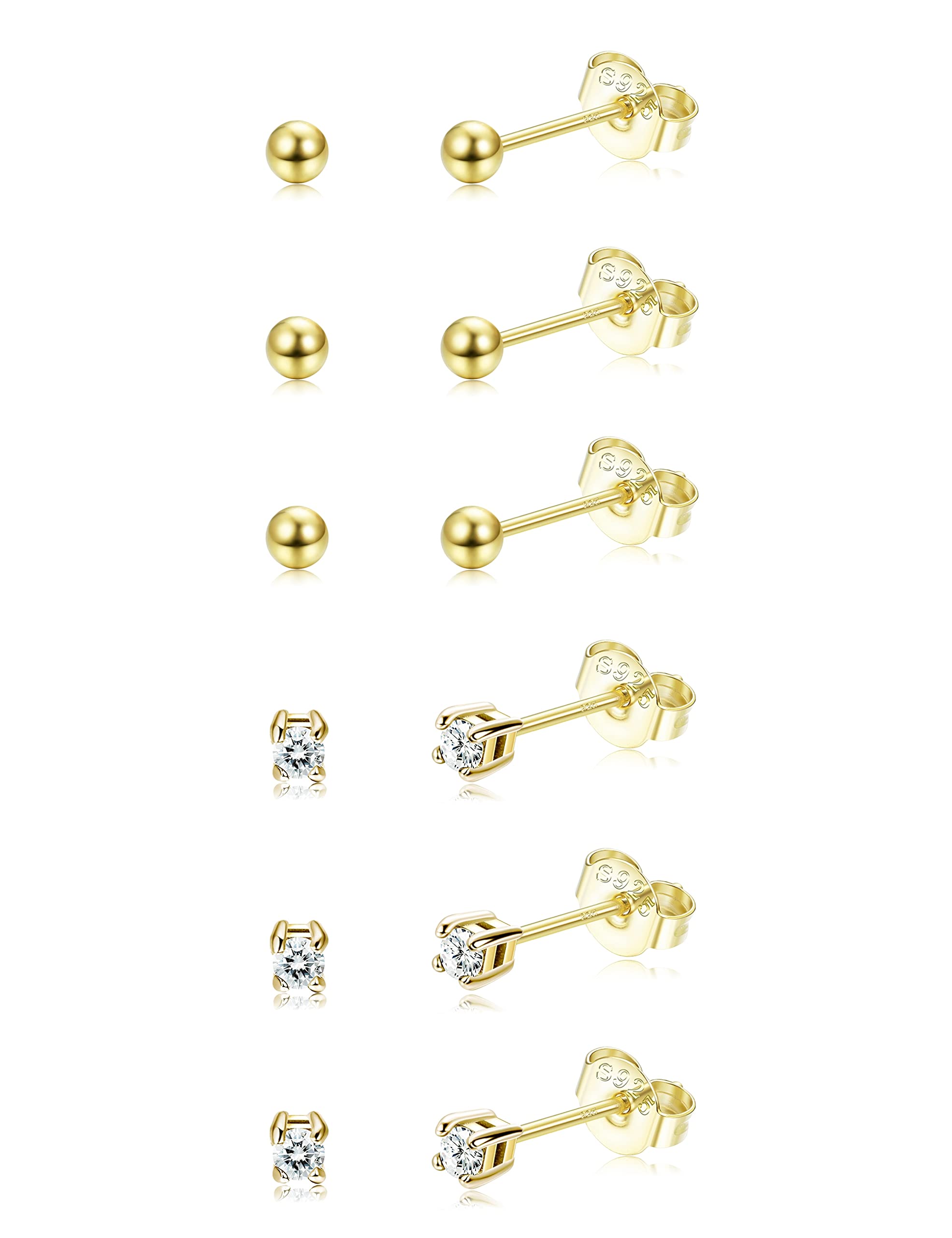 Sllaiss 6 Pairs Sterling Silver Tiny Ball Stud Earrings for Women Round CZ Stud Earrings Set Gold