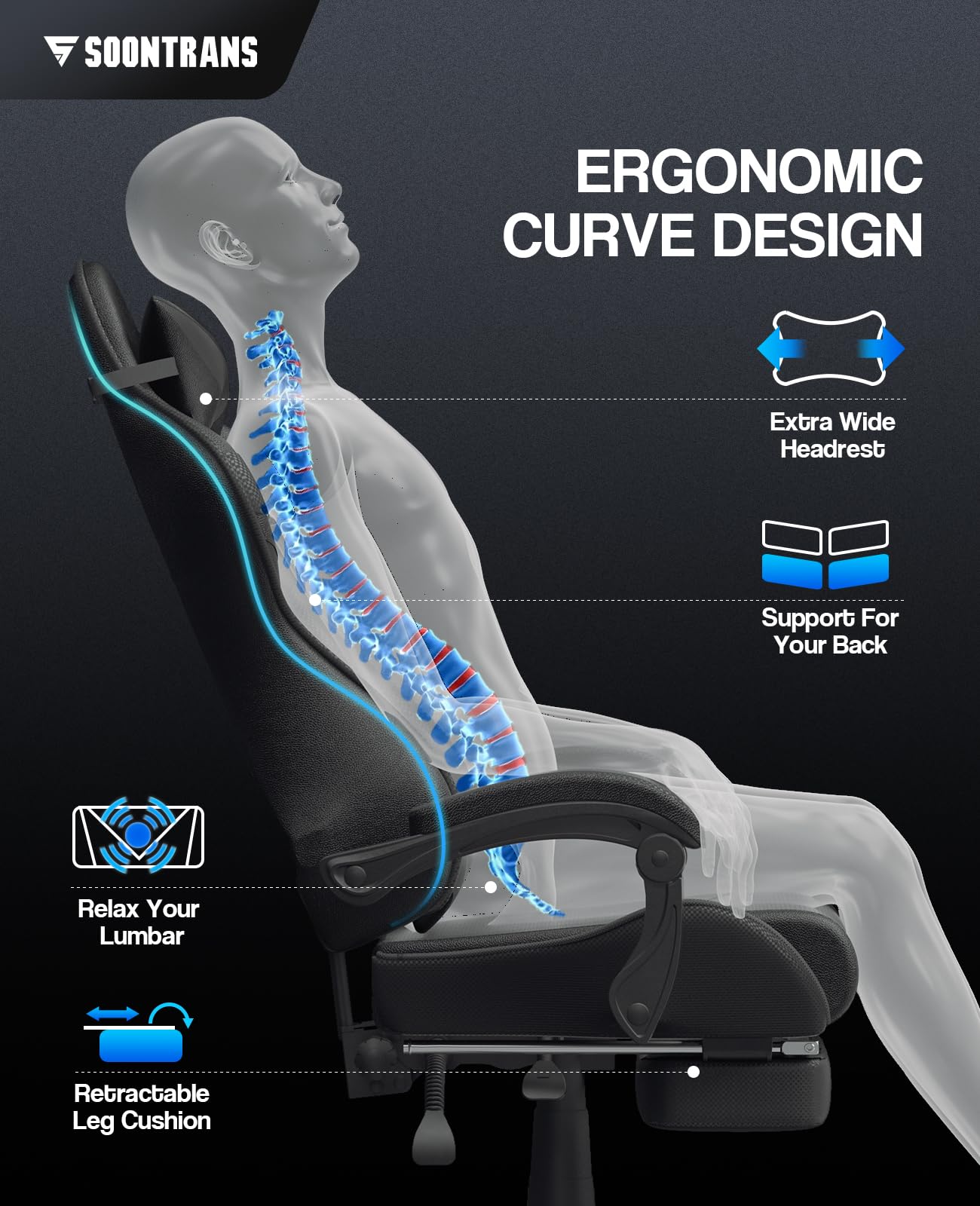Soontrans Black Gaming Chairs with Footrest, Ergonomic Gamer Chair, Home Office Chair,PC Computer Chair with Headrest and Lumbar Support(Dark Black)