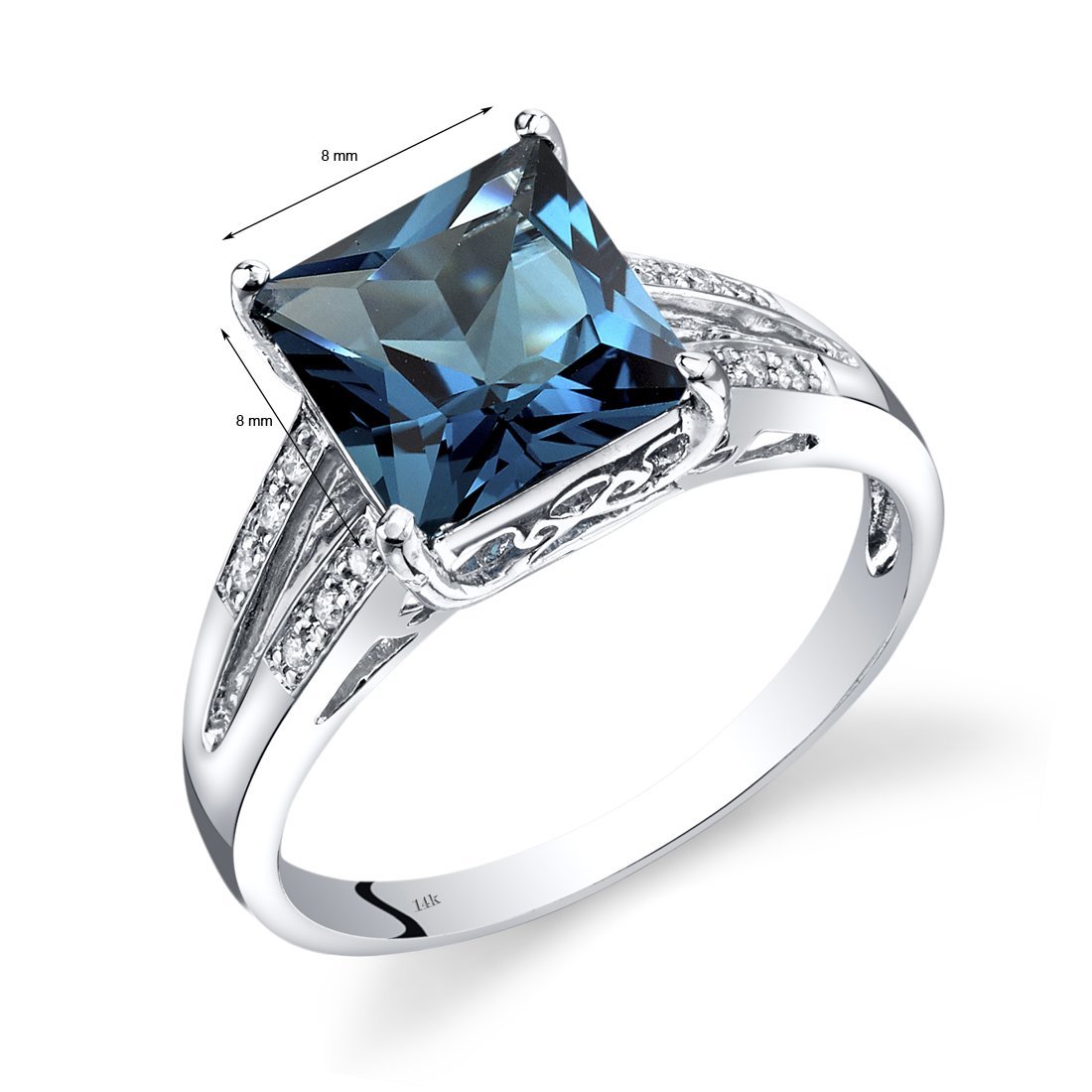 PEORA 14K White Gold London Blue Topaz and Diamond Ring for Women, 3 Carats Princess Cut 8mm, Elegant Cathedral Design, Natural Gemstone Birthstone, Size 7