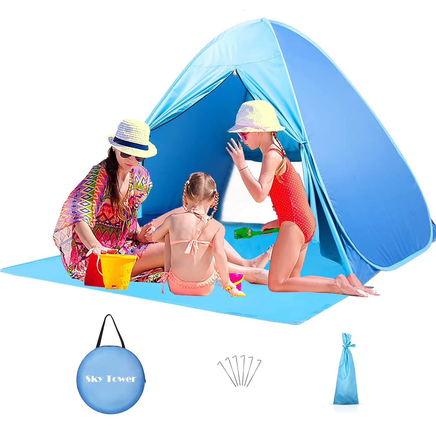 Sky Tower Automatic Pop Up Portable Outdoors Family Beach 1-3 Persons Tent Quick Cabana Sun UV Protection Shelter UPF 50+ (Large)