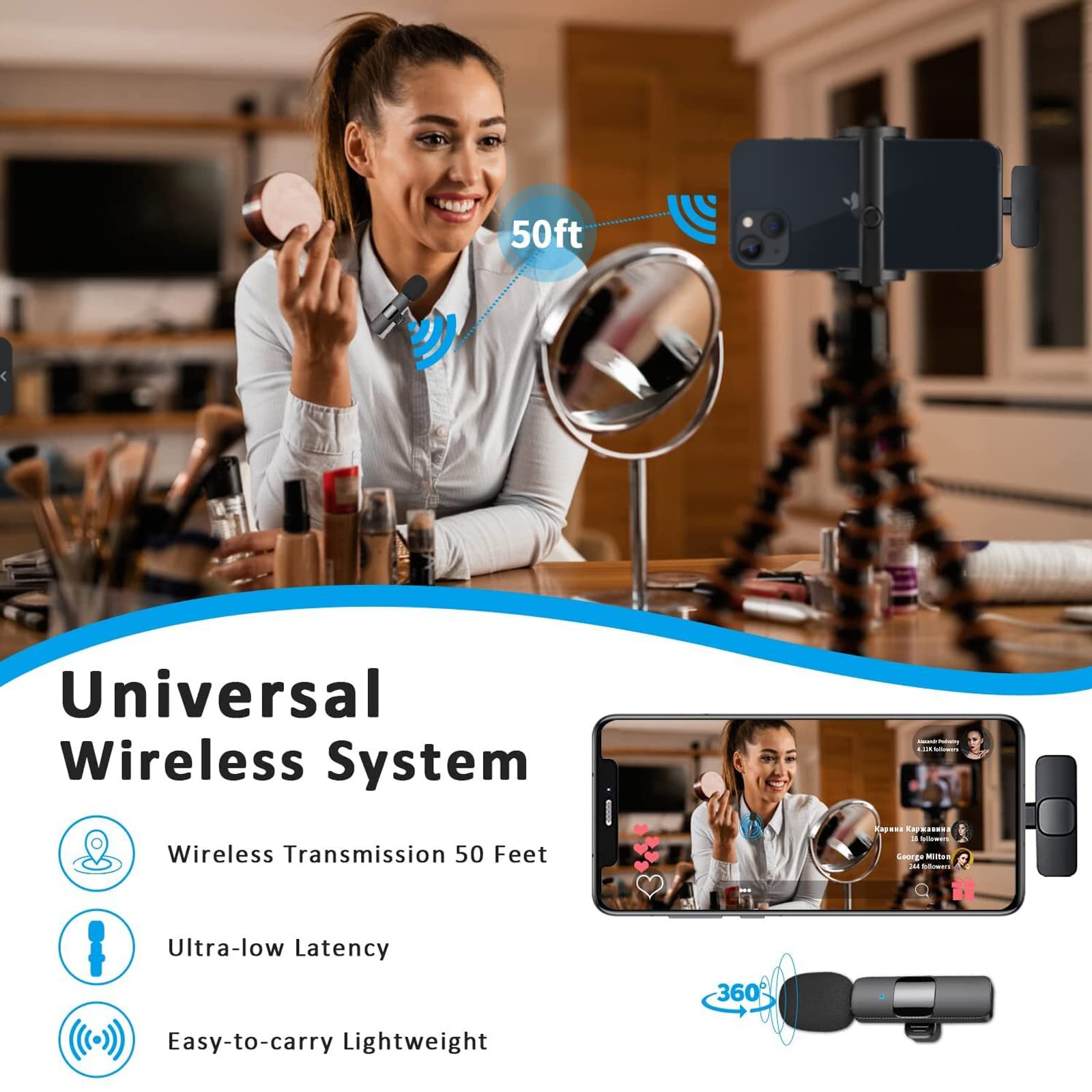 Zooblu Wireless Lavalier Lapel Microphone for iPhone iPad,Mini Recording Phone Mic for Live Stream,for Video Recording,Interview,TikTok,Facebook Live,YouTube,Auto-sync 2-in-1