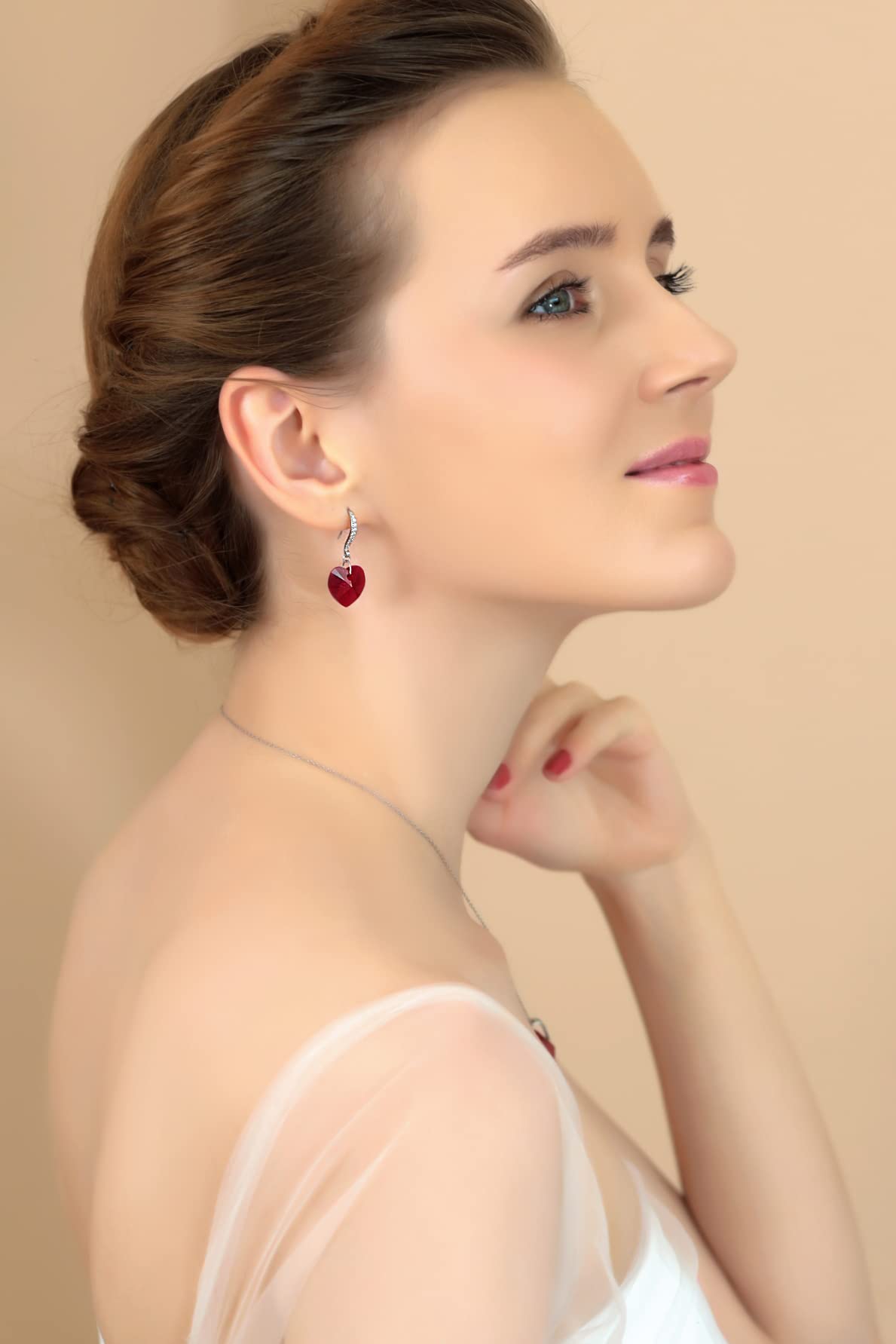 Red Earrings for Women Sterling Silver European Crystals Love Heart Dangle EarringsValentines Gift