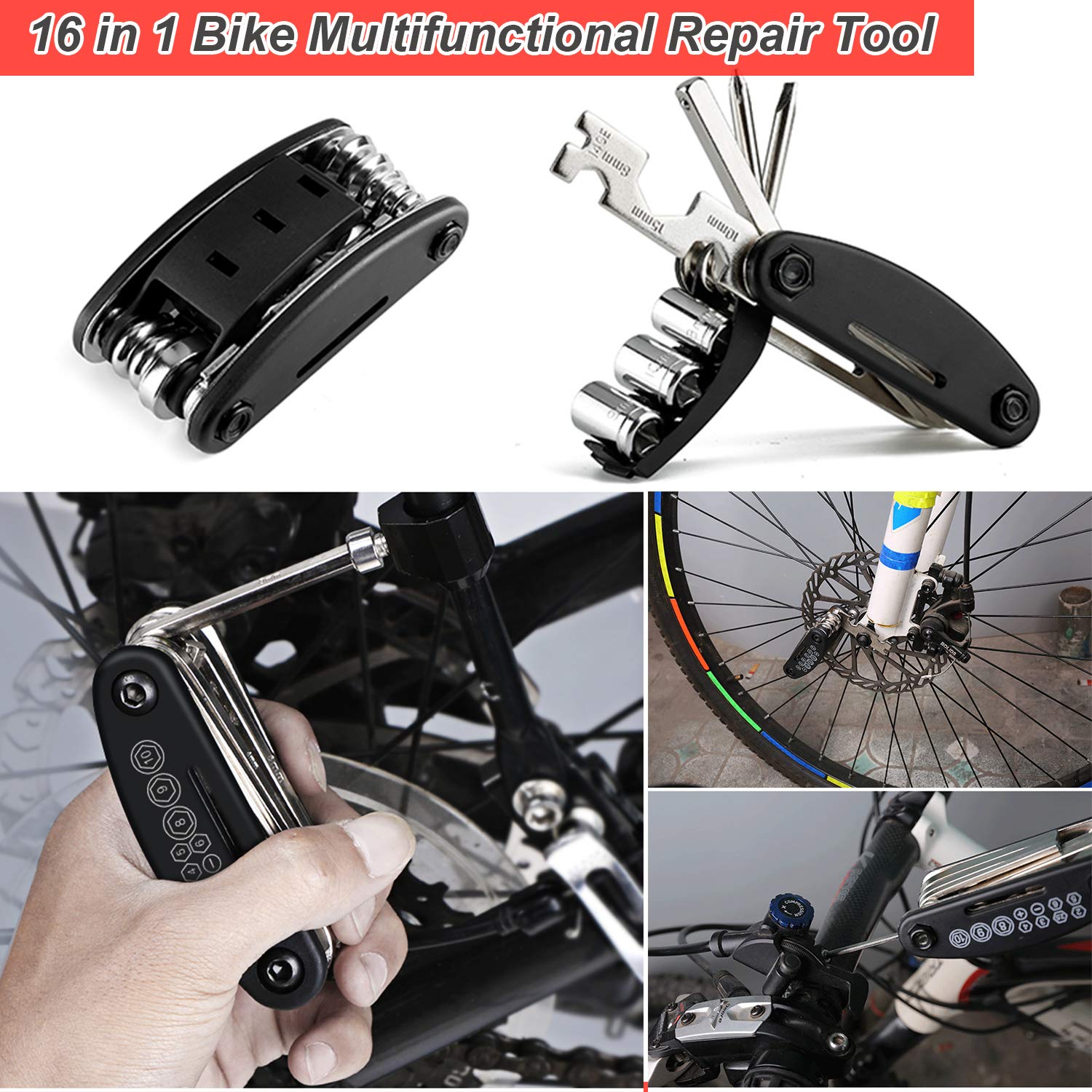 SPROUTER Bicycle Repair Tool Set with Bicycle Frame Bag Triangular Bag Mini Pump, Include Bike Tire Glue Set with Self-adhesive Patches, 16 in 1 Bike Multitool Repair Tool Set and Chain Cleaning Brush