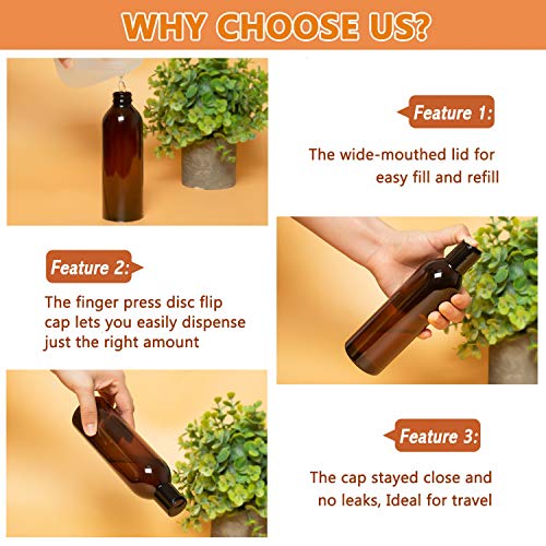 Vumdua 18 Pack Empty Plastic Squeeze Bottles, 8oz Amber Travel Bottles with Disc Top Flip Cap, Refillable BPA-Free Plastic Containers For Shampoo, Lotions, Body Wash