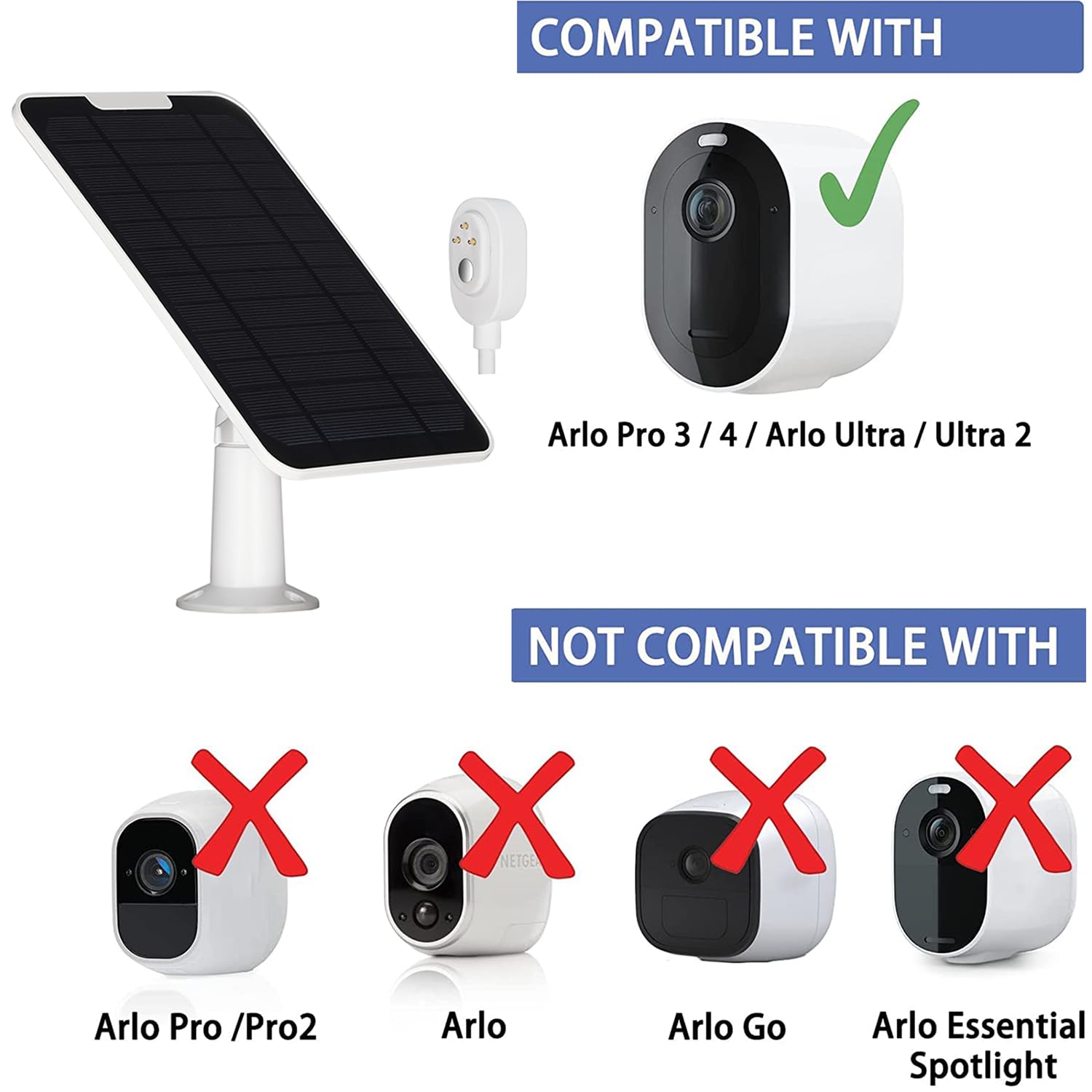 Solar Panel Charger Compatible with Arlo Pro 3/Pro 4/Pro 5S/Ultra/Ultra 2/Go 2 Continuous Power Supply IP65 Weatherproof with 9.8ft Charging Cable and Adjustable Wall Mount
