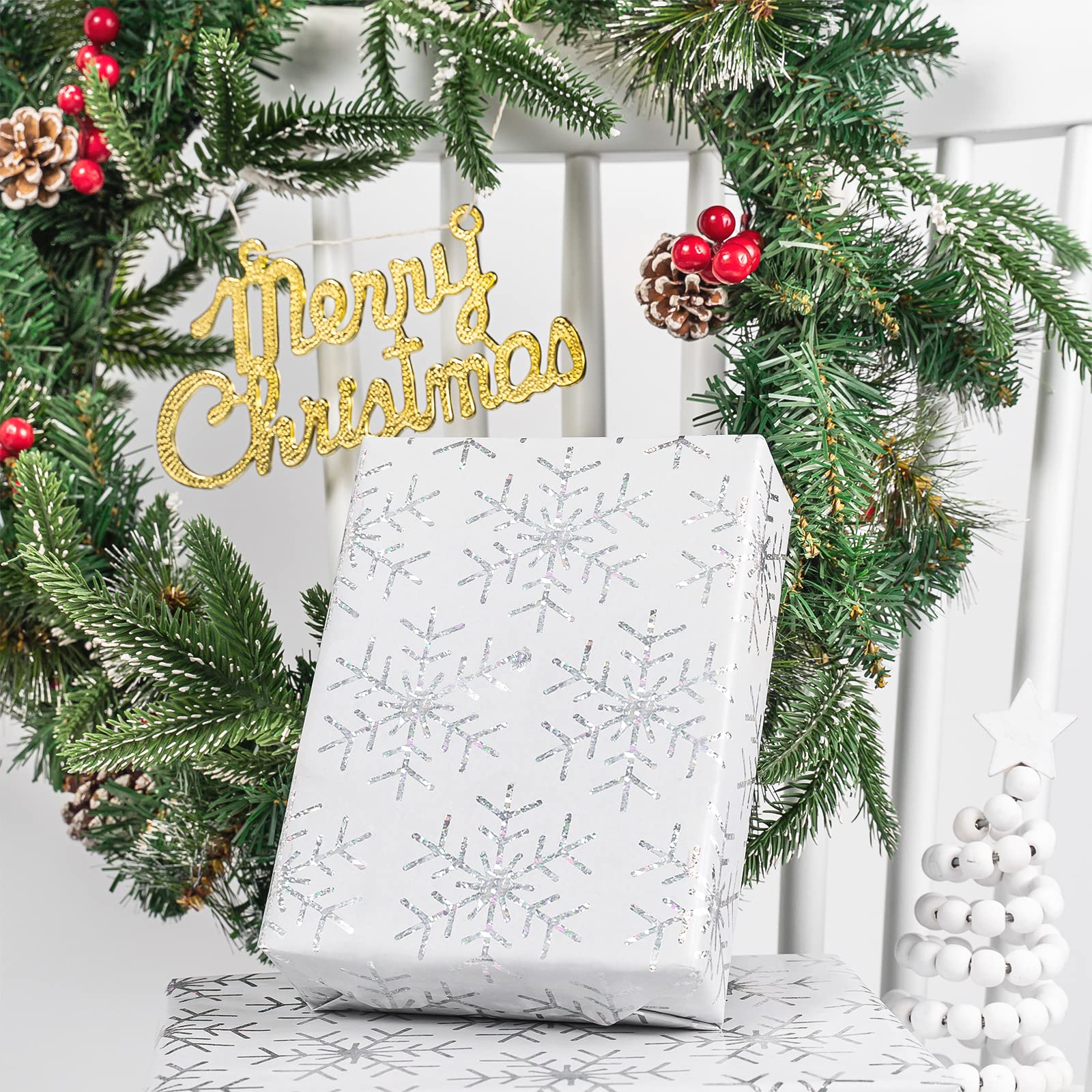 RUSPEPA Christmas Wrapping Paper, Jumbo Roll Wrapping Paper - White Shiney Snowflake Design for Holiday Gift Wrap - 24 Inches x 100 Feet