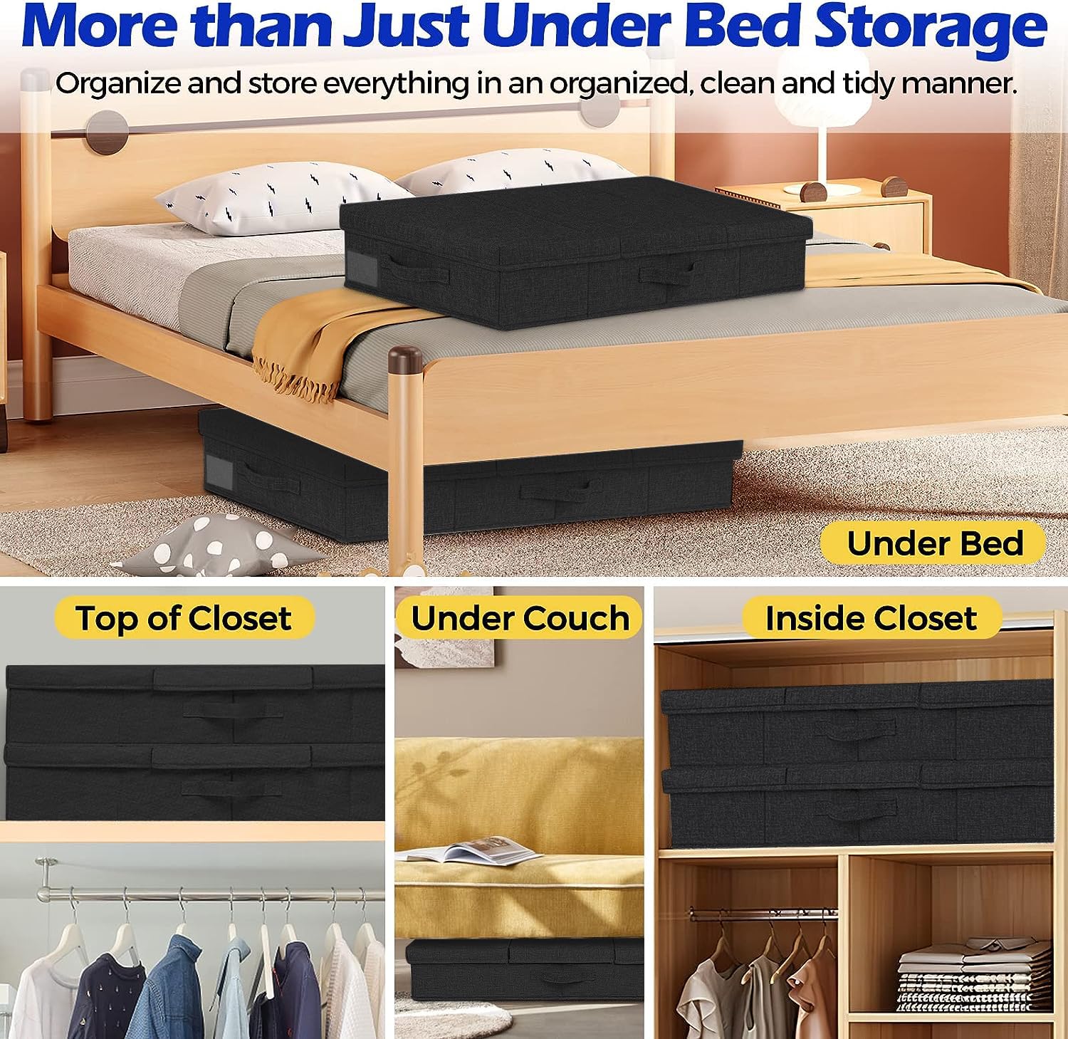 Under Bed Storage, Large Underbed Storage Containers with Lids, Foldable Clothes Storage Bins W/ Reinforced Handle for Bedroom Organization, Closet Organizers for Blanket, Shoe, Pillow -2 Pack, Black