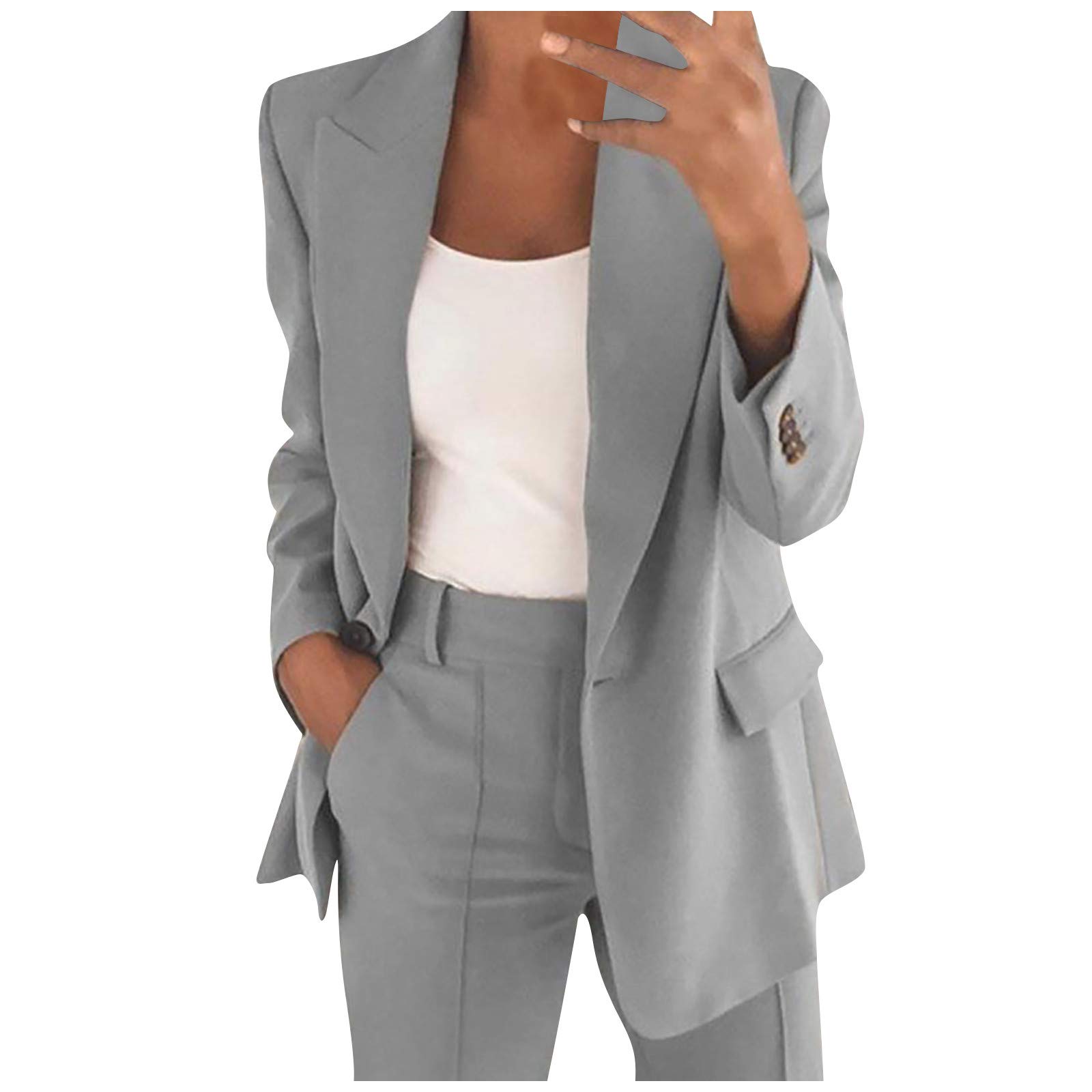 WUAI-Women Casual Blazers Long Sleeve Open Front Work Office Stretchy Suit Jackets Cardigans Coats Plus Size(Grey,Medium)