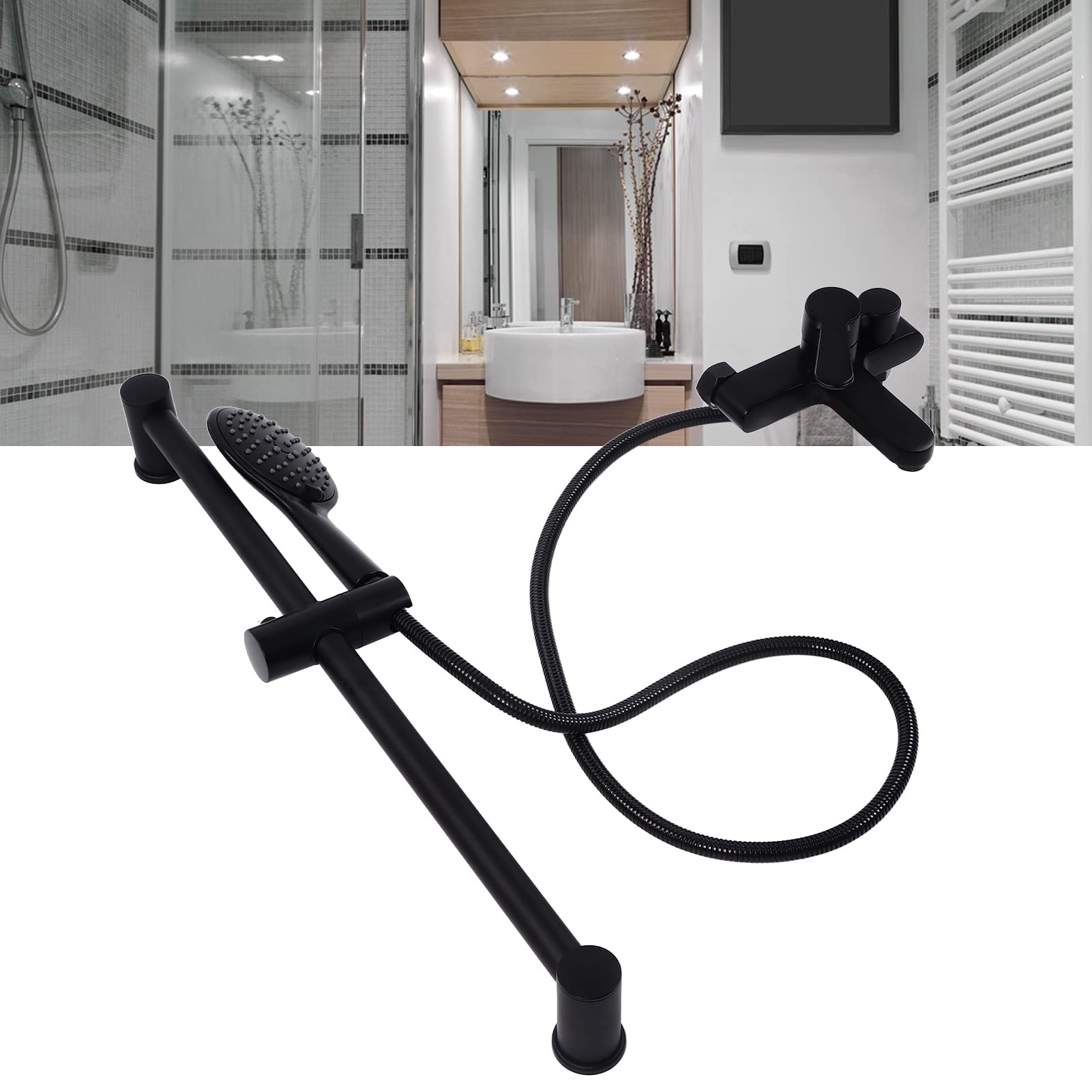 REUIQU shower head, Shower Heads with Handheld Spray Combo, shower head with handheld, G1/2 Shower Combo Set Multifunctional Shower Head System Black Bathroom Shower Kit for Hotel