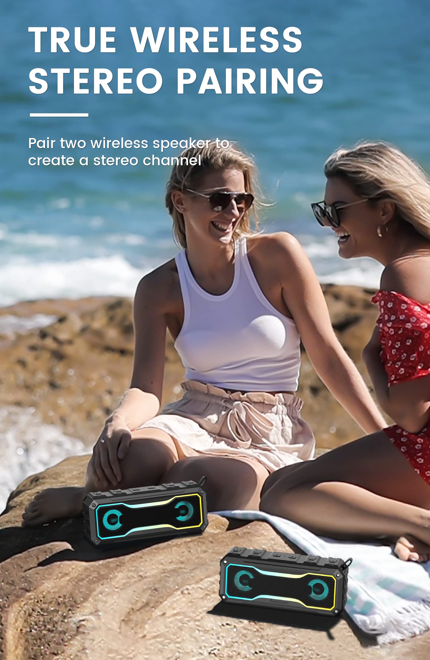 soundynamic Portable Bluetooth Speaker, Twinkle Wireless Speaker with 20H Playtime, Low Bass, IPX7 Waterproof, True Wireless Stereo Pairing, Mixed Colors Lights for Home, Party, Beach, Travel - Black
