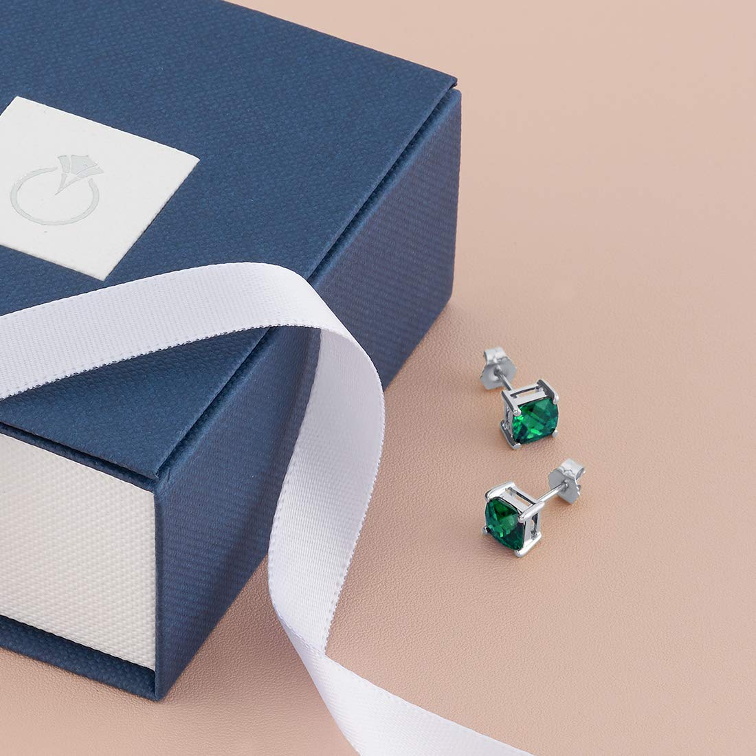 Peora Created Emerald Stud Earrings for Women in 14K White Gold, Classic Solitaire, Cushion Cut 6mm, 1.75 Carats total, Friction Back