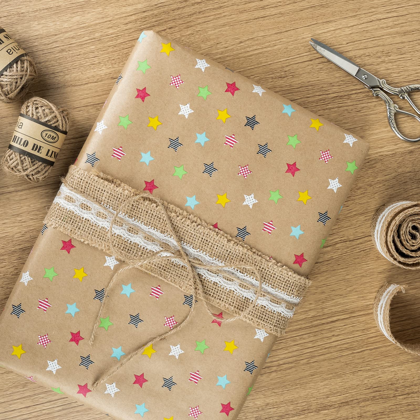 RUSPEPA Kraft Wrapping Paper Roll - Mini Roll - Colorful Star Design for All Occasions - 17 Inches X 32.8 Feet