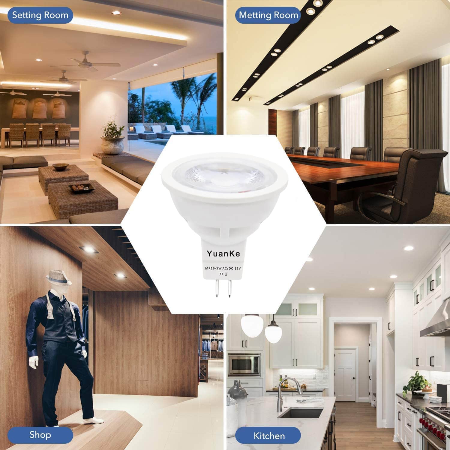YUAN KE GUANG DIAN 4pack MR16 LED Light Bulbs 5000K Daylight 50W Halogen Bulb Equivalent 30,000 Hour Lifetime 90% Energy Saving 500 Lumens 5W AC/DC 12V 38 Degree GU5.3 Base Non-Dimmable