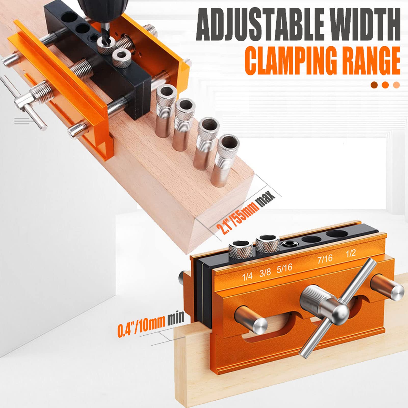 Self Centering Dowel Jig Kit Aluminum Alloy Center Doweling Drilling Guide Bushings Set Punch Locator Joints Tool Anodized Orange Surface 4 Holes Drill Positioner for Woodworking
