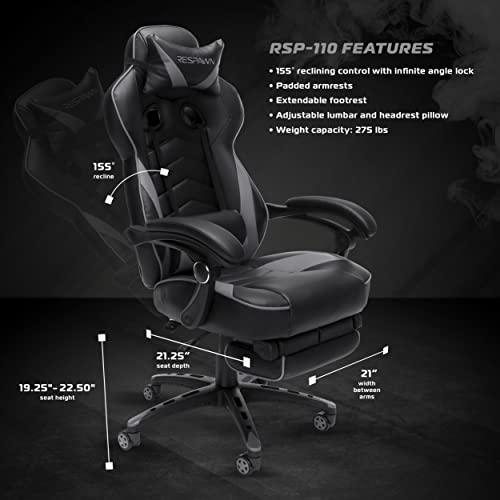RESPAWN 110 Ergonomic Gaming Chair with Footrest Recliner - Racing Style High Back PC Computer Desk Office Chair - 360 Swivel, Adjustable Lumbar Support, Headrest Pillow, Padded Armrests - 2019 Grey