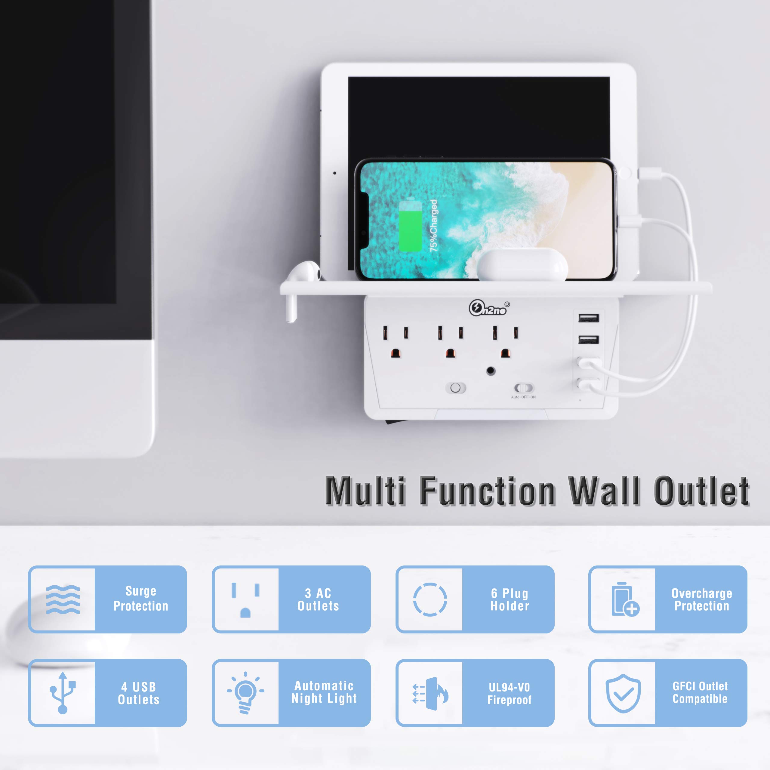 Socket Outlet Shelf, ON2NO Surge Protector Wall Outlet, 3AC Outlet and 4 USB Charging Ports, Electric Outlet Extender with Built-in Shelf and Smart Night Light to Create Charging Station in Home
