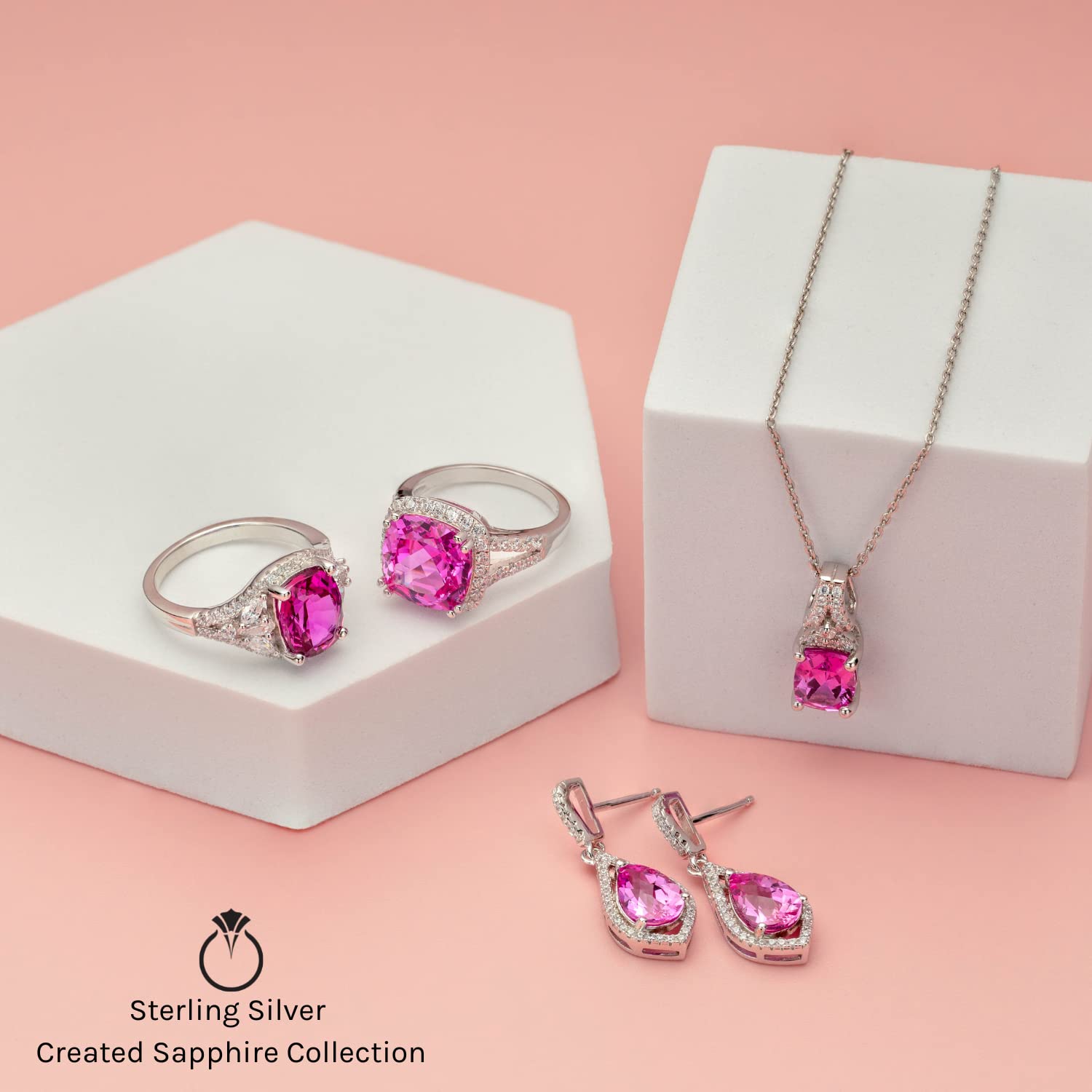 PEORA Created Pink Sapphire Statement Ring in Sterling Silver, Elegant Linear Design, Radiant Cut, 8x6mm, 2 Carats total, Comfort Fit, Size 9