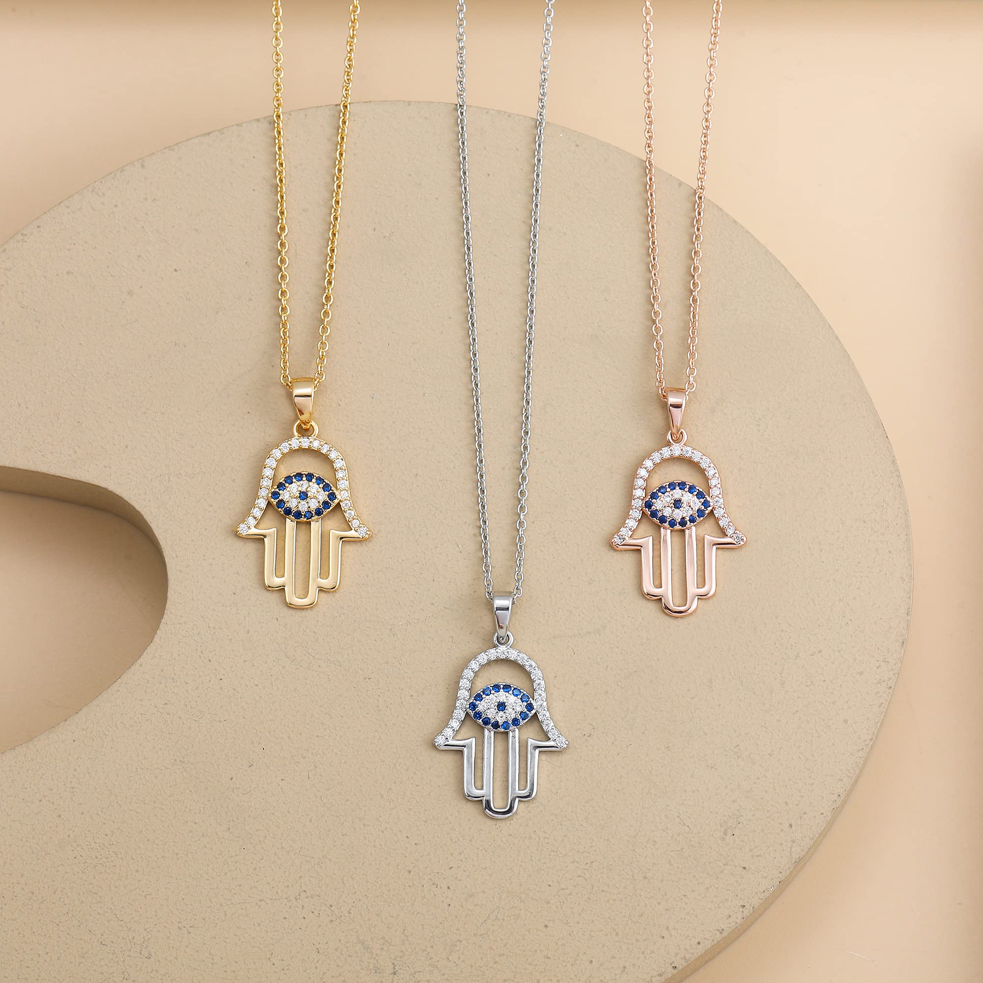 SLOONG Evil Eye Hamsa Hand Necklace 14k Gold Plated Third Eye White Blue Cz Womens Pendant Necklace