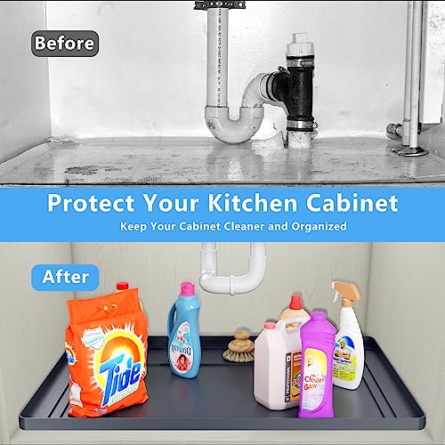 Under Sink Mats for Kitchen Waterproof, 34" X 22" Or Smaller Cut to Fit Under Sink Drip Tray for Kitchen Bathroom Cabinets, Silicone Sink Liner Hold Up to 3.3 Gallons Liquid - Dark Grey