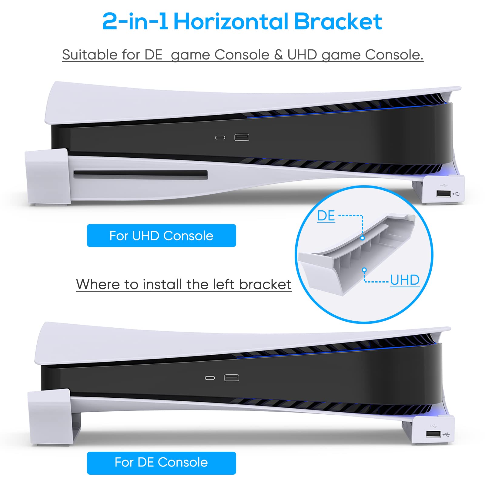 YUANHOT Horizontal Stand Accessories for PS5, Side Stand Base with USB Ports for Sync & Charge Compatible with PS5 Disc Version & Digital Editions, White