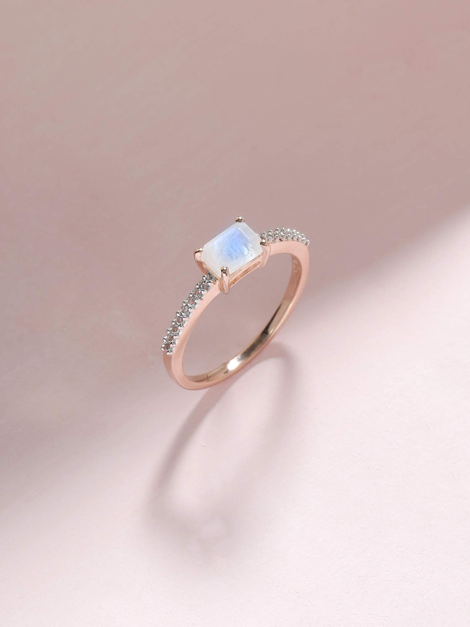YoTreasure 0.65 Ct. Rainbow Moonstone White Topaz Solid 10kt Rose Gold Promise Ring Prong Jewelry