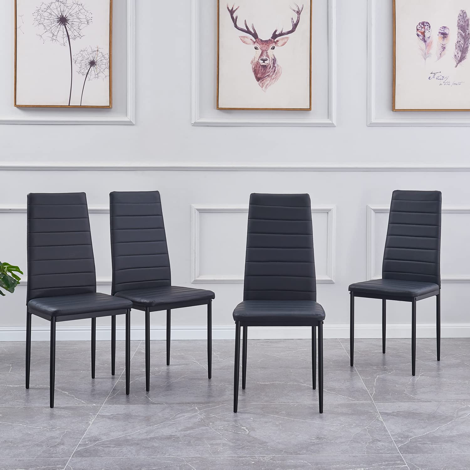 ROZHOME Dining Table Set for 4, 35" Round Glass Table and Faux Leather Metal Chair for Home Office, Kitchen, Dining Room, Apartment, Space Saving (Matte Black+black, Table & 4 Chairs)