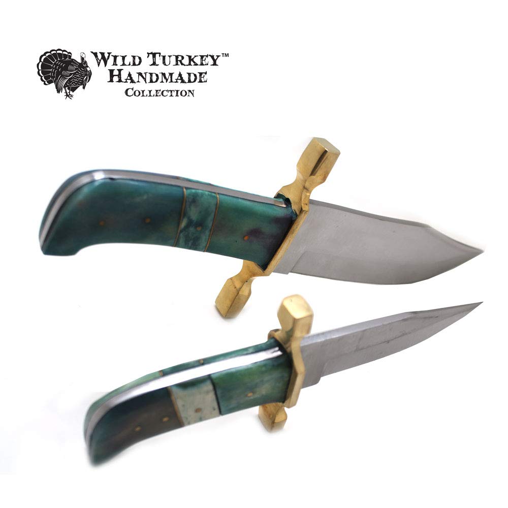 Wild Turkey Handmade Collection 2 Piece Collector Hunting Knife Set w/Leather Sheath Hunting Camping Fishing (Blue Bone)