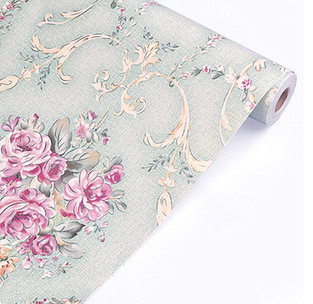 Yija Self-Adhesive Light Green Rural Vintage Rose Wallpaper Shelf Liner Funitures Dresser Drawer Cabinet Decor Sticker 17.7 Inch by 100 Inch