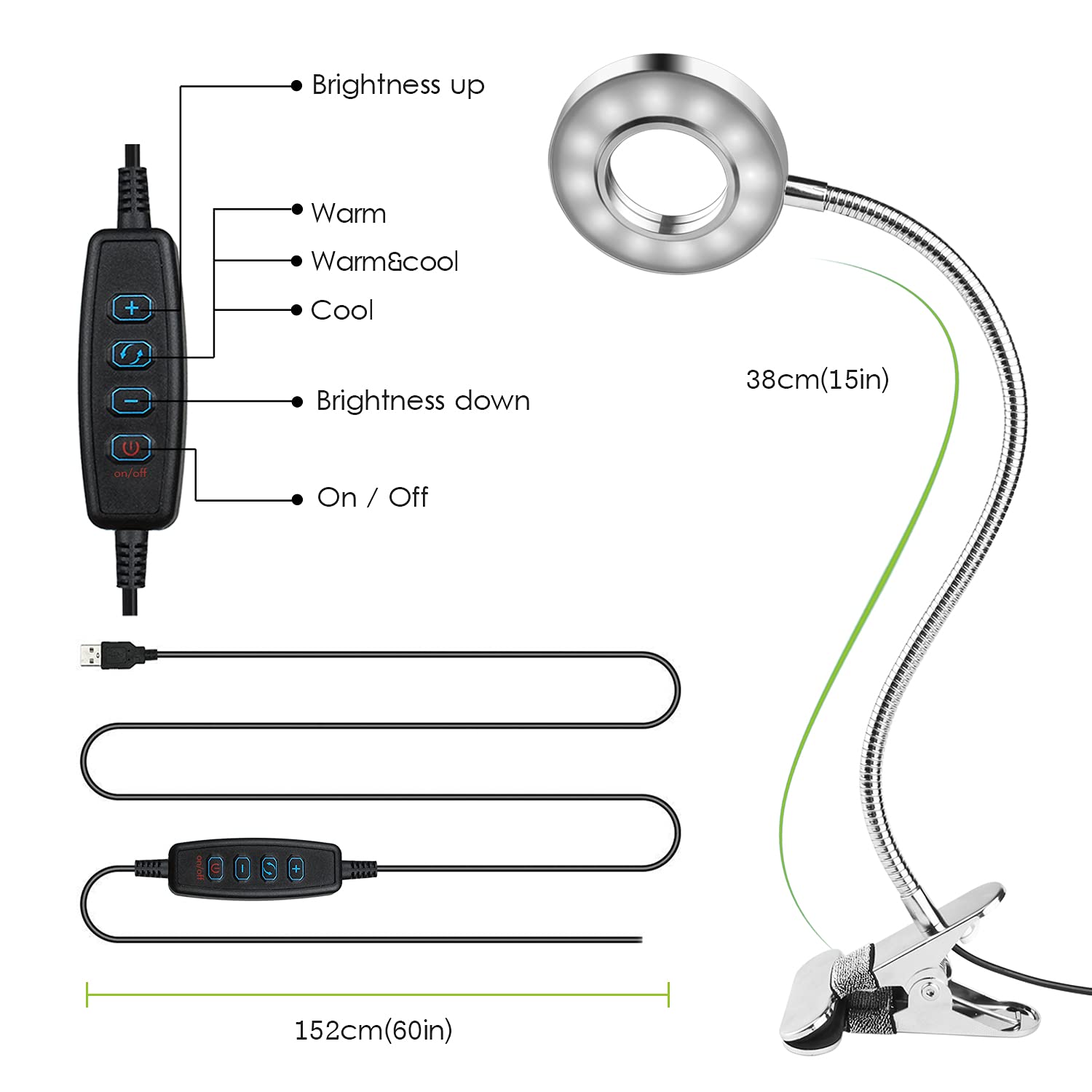Semlos LED Reading Lights, Desk Lamp USB, Clamp Lamp for Bed Headboard Tables, 3 Lighting Modes 10 Brightness Levels, Clip Gooseneck Lamp, Memory Function, Auto Off(Silver, 8W)