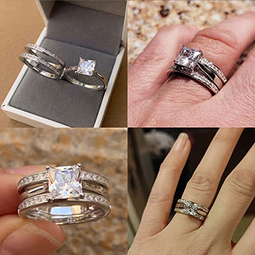 Wuziwen Princess Bridal Ring Set for Women Wedding Band Guard Enhancers CZ Sterling Silver Size 7