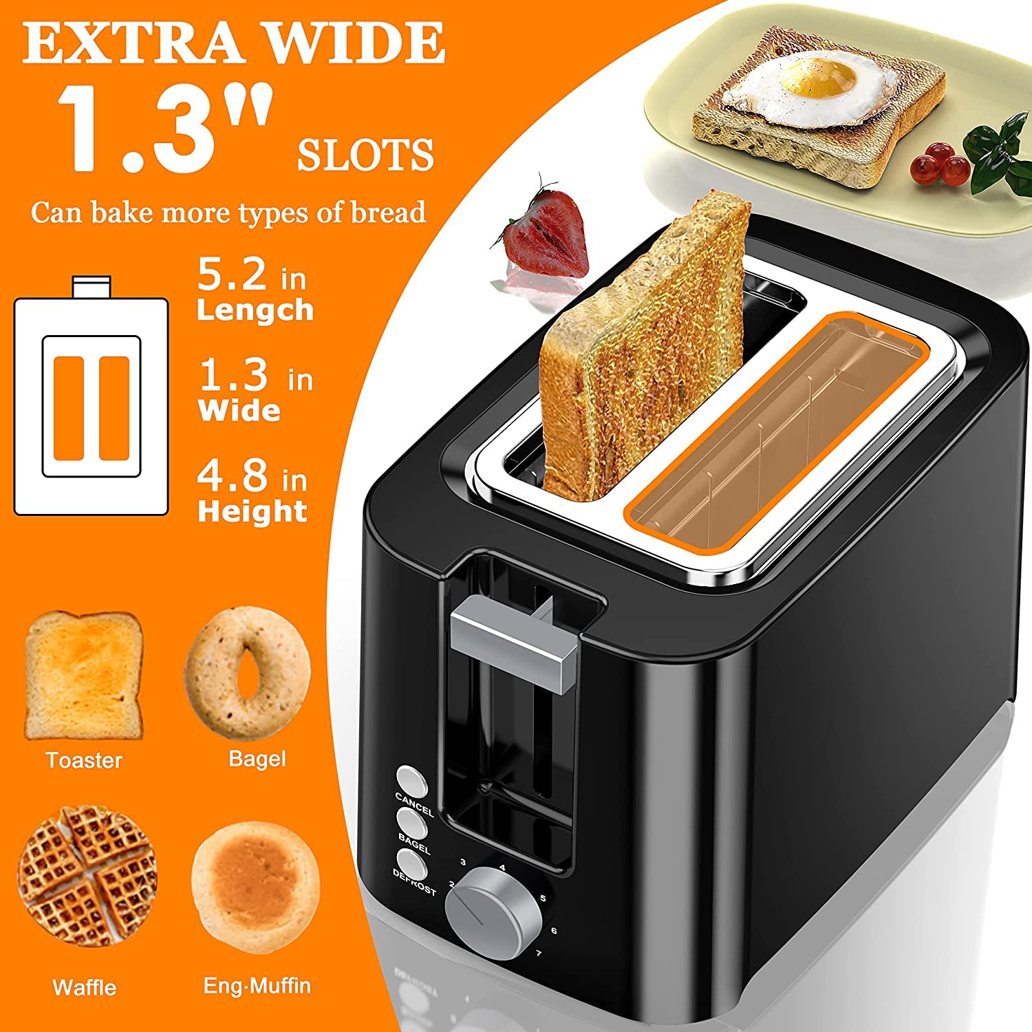 Toaster 2 Slice - Black Best Rated Prime Wide Slot Toasters the for Bagel Bread Waffle Two with 7 Shade Settings & Removable Crumb Tray