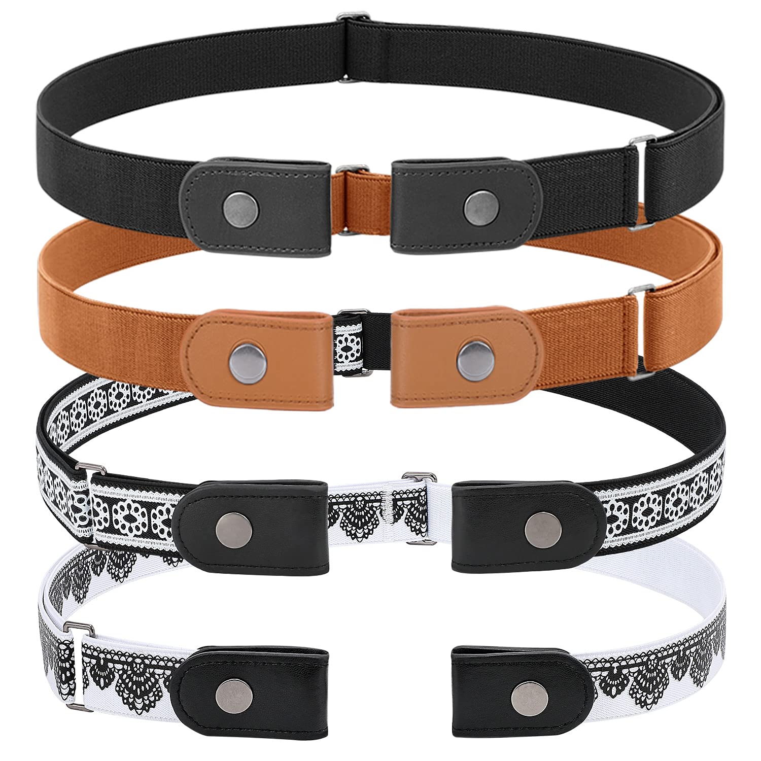 WHIPPY 4 Pieces Buckle Free Adjustable Women Belt, No Buckle Invisible Elastic Belts for Jeans Pants (Black Brown, Fit Pants Size 22-36 Inches)