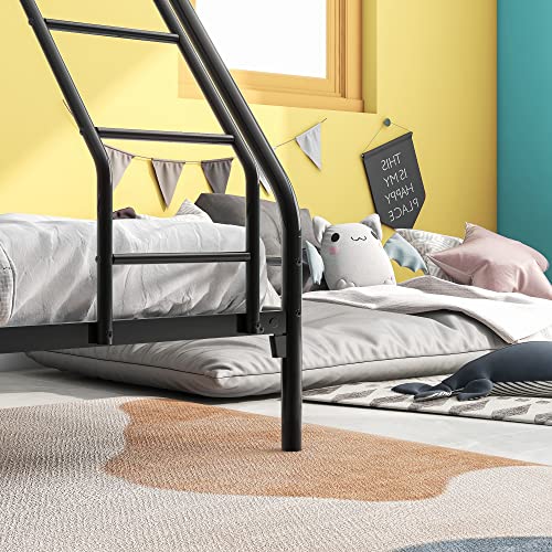 Prohon Metal Bunk Bed Twin Over Full Size with Enhanced Upper-Level Guardrail,Removable Stairs, Heavy Duty Sturdy Frame Space-Saving Design Bunkbeds for Teen Adults, No Box Spring Needed, Black