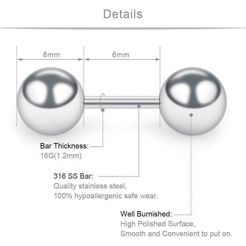 SCERRING 4 Pairs 16G 1/4" Stainless Steel Polished Ball Barbell helix Cartilage Tragus Ear Lobe Stud Earring for Men Women 3-6mm - Silver