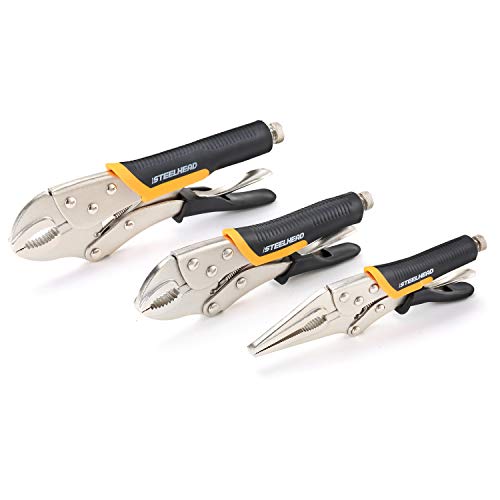 STEELHEAD 3-Piece Locking Pliers Set, 10-inch Curved Jaw, 7-Inch Curved Jaw & 6-1/2β Long Nose Straight Jaw, Integrated Wire Cutter, USA-Based Support