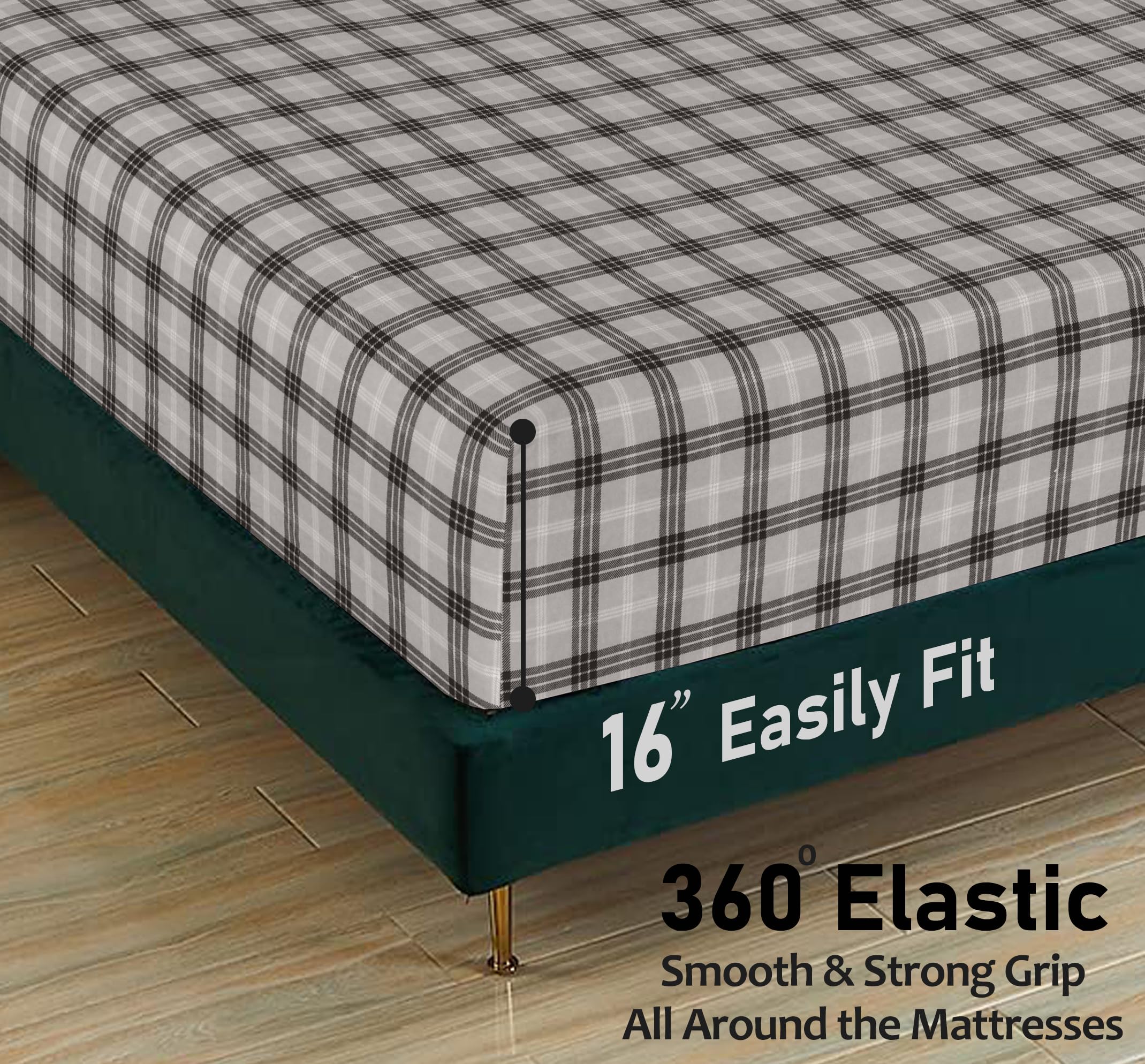 RUVANTI Flannel Sheets Full Size - 100% Cotton Brushed Flannel Bed Sheet Sets - Deep Pockets 16 Inches (fits up to 18") - All Seasons Breathable & Super Soft - Warm & Cozy - 4 Pcs - Dark Grey Plaid
