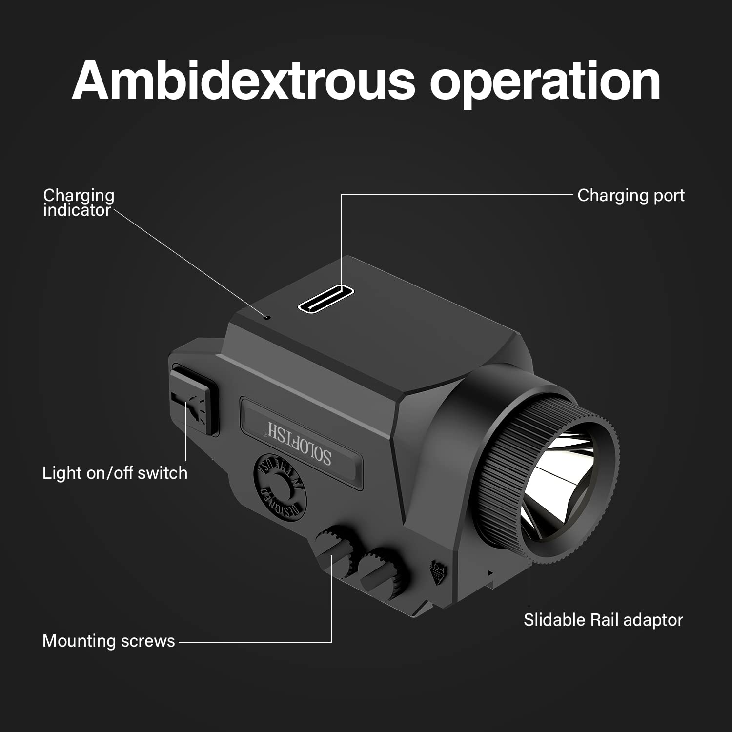 Solofish 650 Lumens Pistol Light with Strobe & Memory, Slidable Tactical Flashlight, Rail-Mounted Gun Light Compatible with Glock Pistols w/Picatinny, Rechargeable