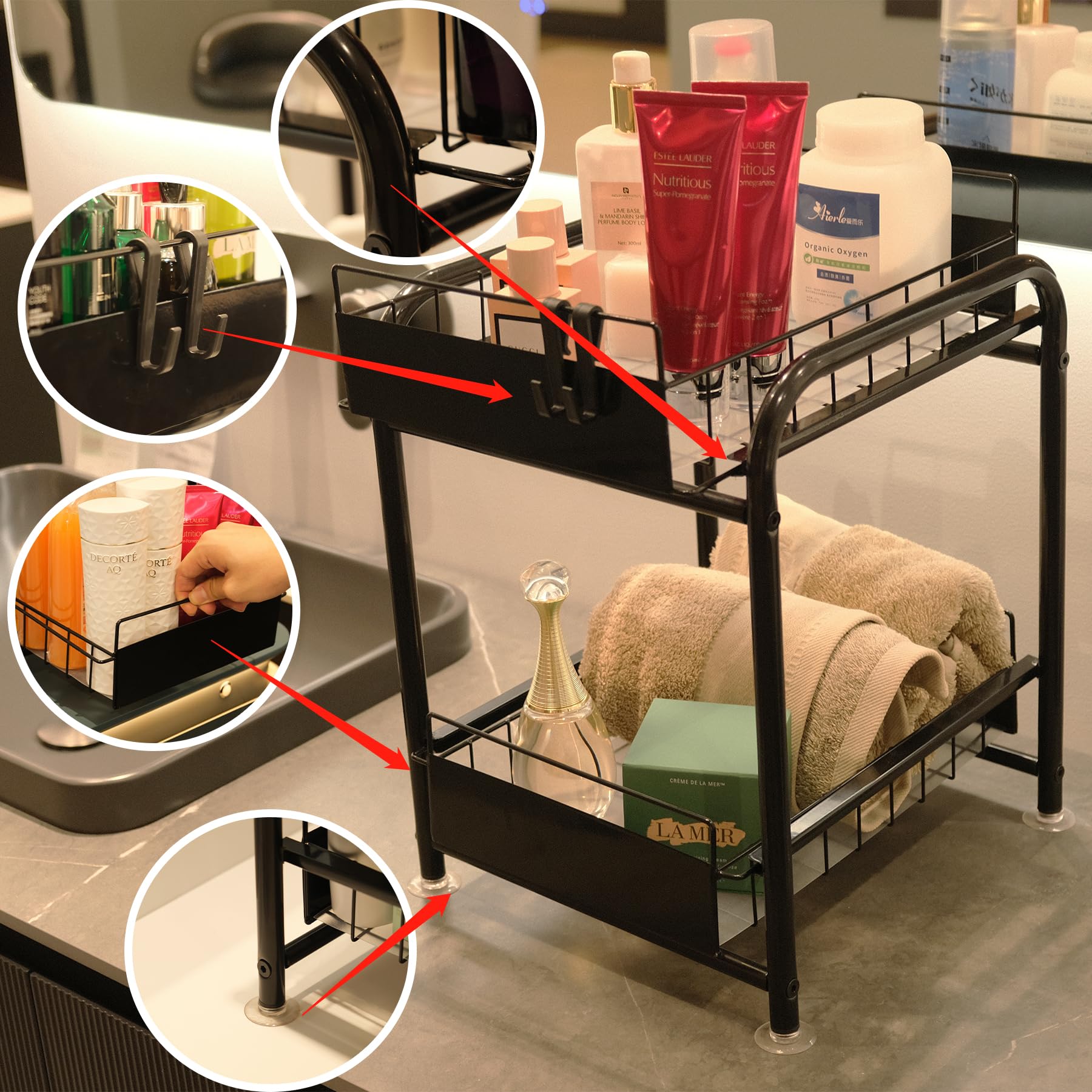 Under Sink Organizers Storage Pull Out Drawers, Metal 2 Tier Slide Out Sink Shelf Cabinet with 2 Drawers, Double Sliding Storage Shelves with Hooks Kitchen Bathroom Black