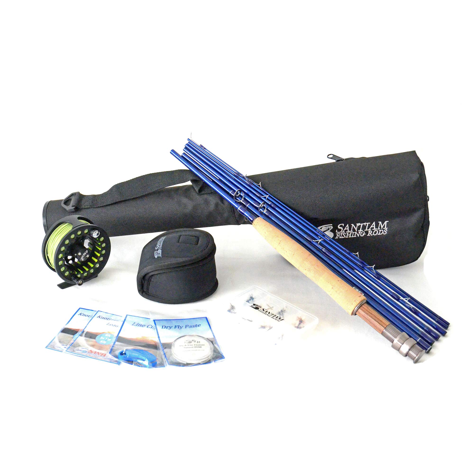 SANTIAM FISHING RODS Travel Fly Rod 7 Piece 9' 3/4 Line WT Graphite Fly Rod/Reel/Line Combo Includes 8 Popular Flies with Deluxe Fly Box, 2 Tapered Leaders,line Clipper, and Dry Fly floatant