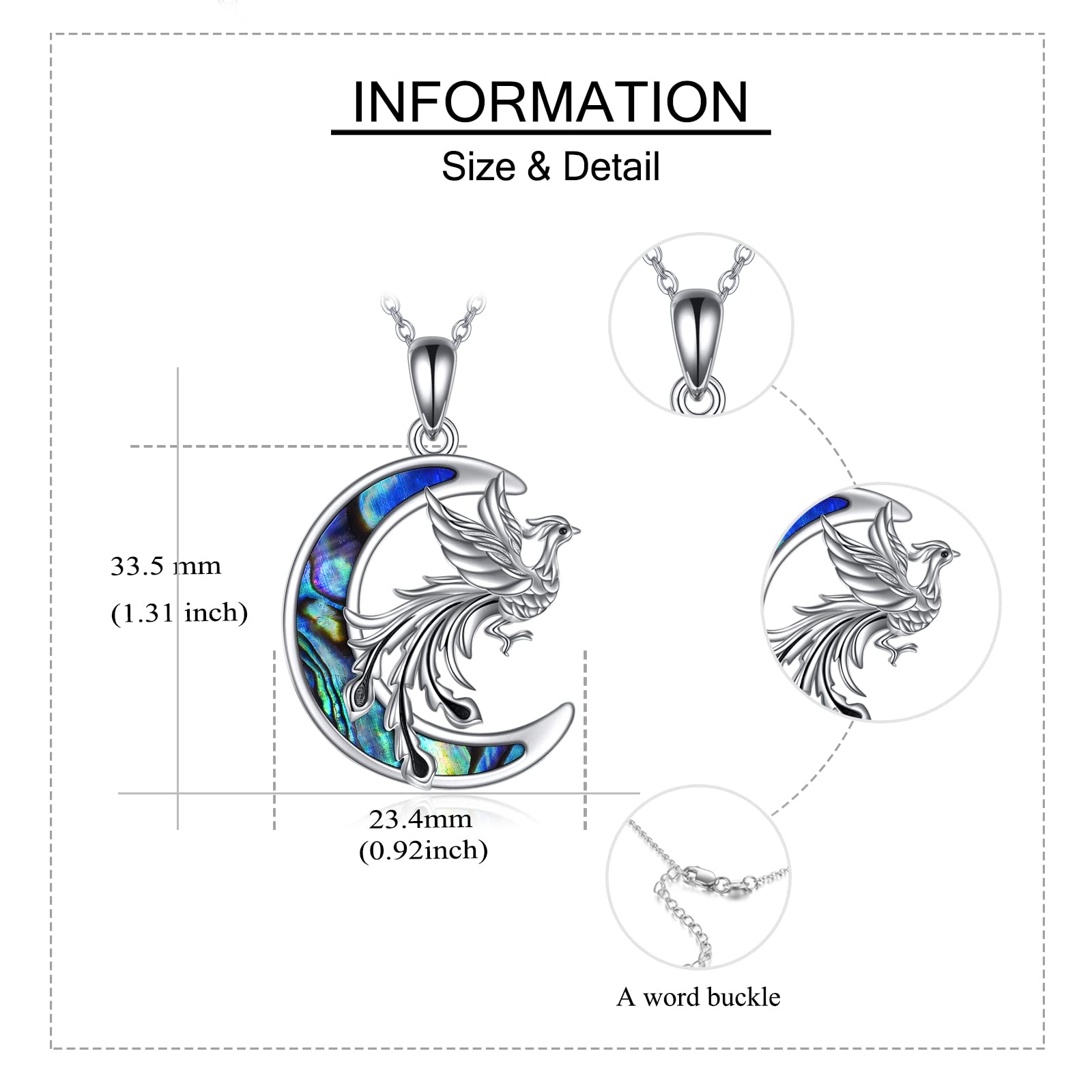 YFN Phoenix Necklace Sterling Silver Abalone Shell Crescent Moon Phoenix Pendant Necklace Nirvana of Phoenix Jewelry for Women
