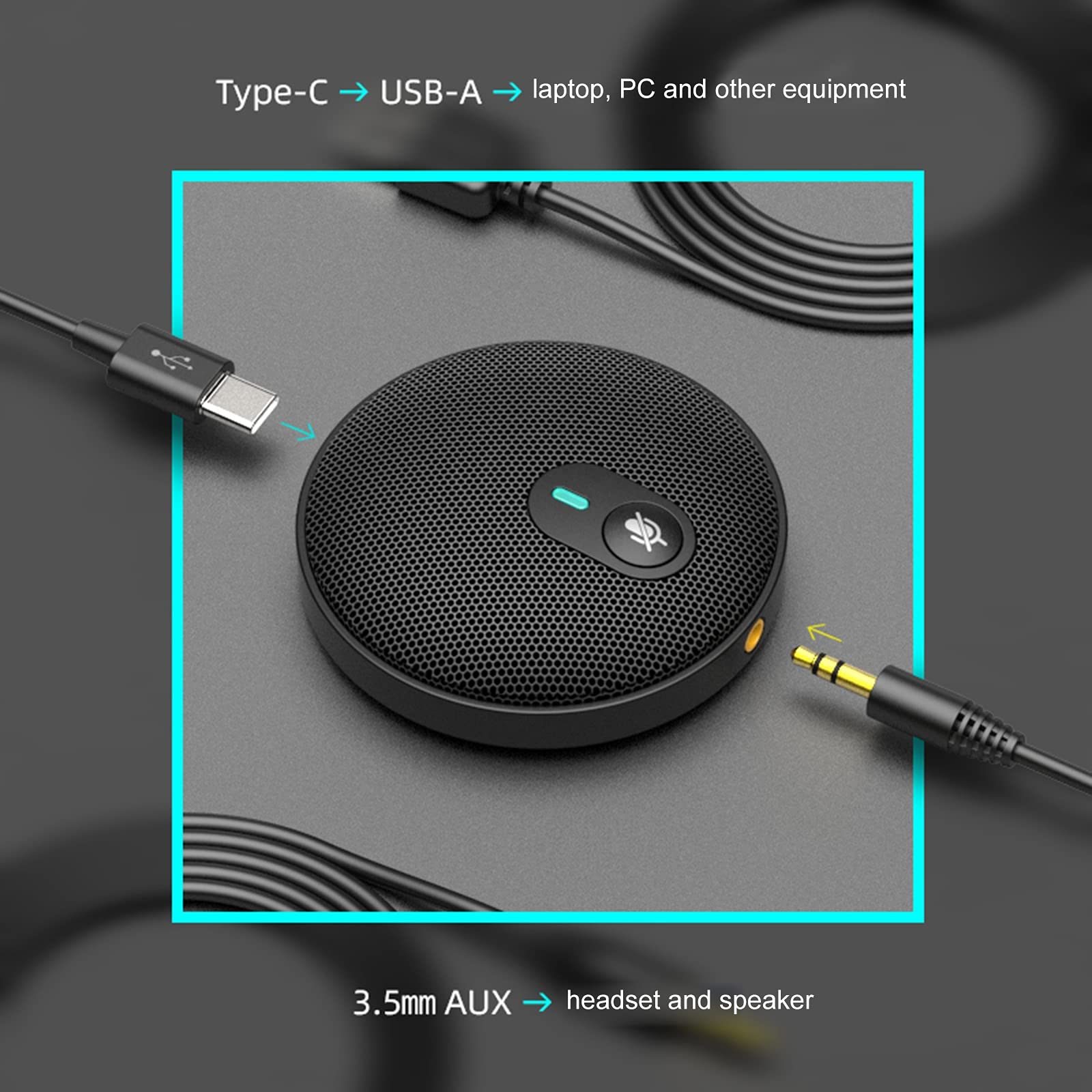 ZSEDP USB Omni-Directional Condenser Microphone for Video Conference Online Learning Sound Pick-up with AUX 3.5MM Type-C Cable