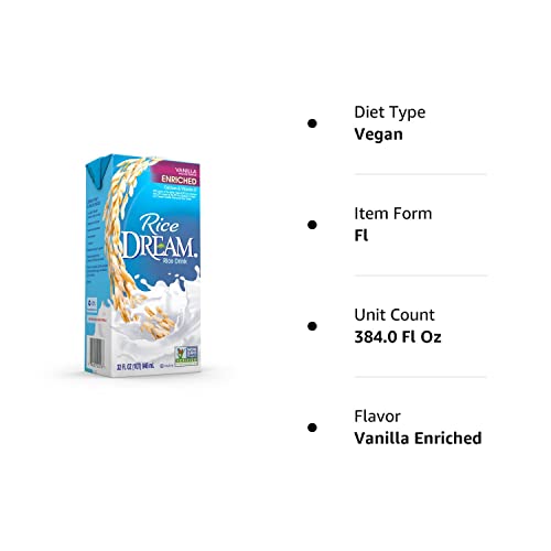 Rice Dream Rice Milk Drink, Enriched Vanilla, Calcium & Vitamin D, Vegan Dairy Alternative, Lactose Free, Shelf Stable, 32oz (Pack of 12)