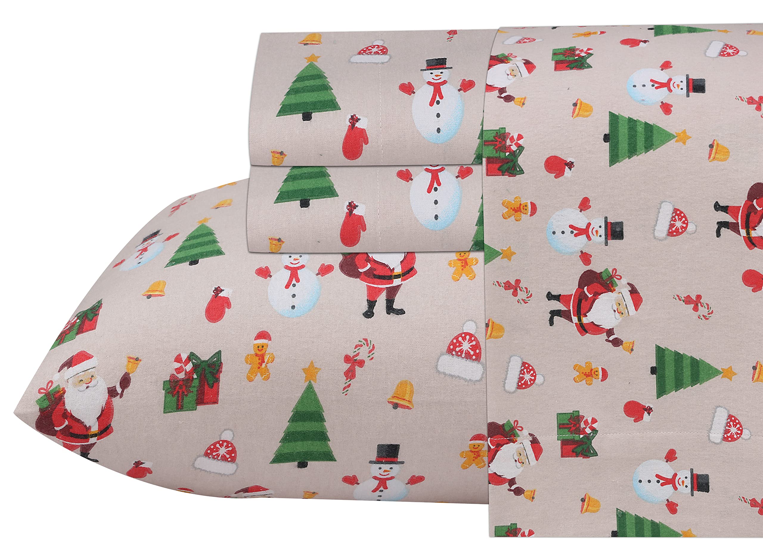 RUVANTI Flannel Sheets Twin Size - 100% Cotton Brushed Flannel Bed Sheet Sets - Deep Pockets 16 Inches (fits up to 18") - All Seasons Breathable & Super Soft - Warm & Cozy - 3 Pcs - Jingle Bell